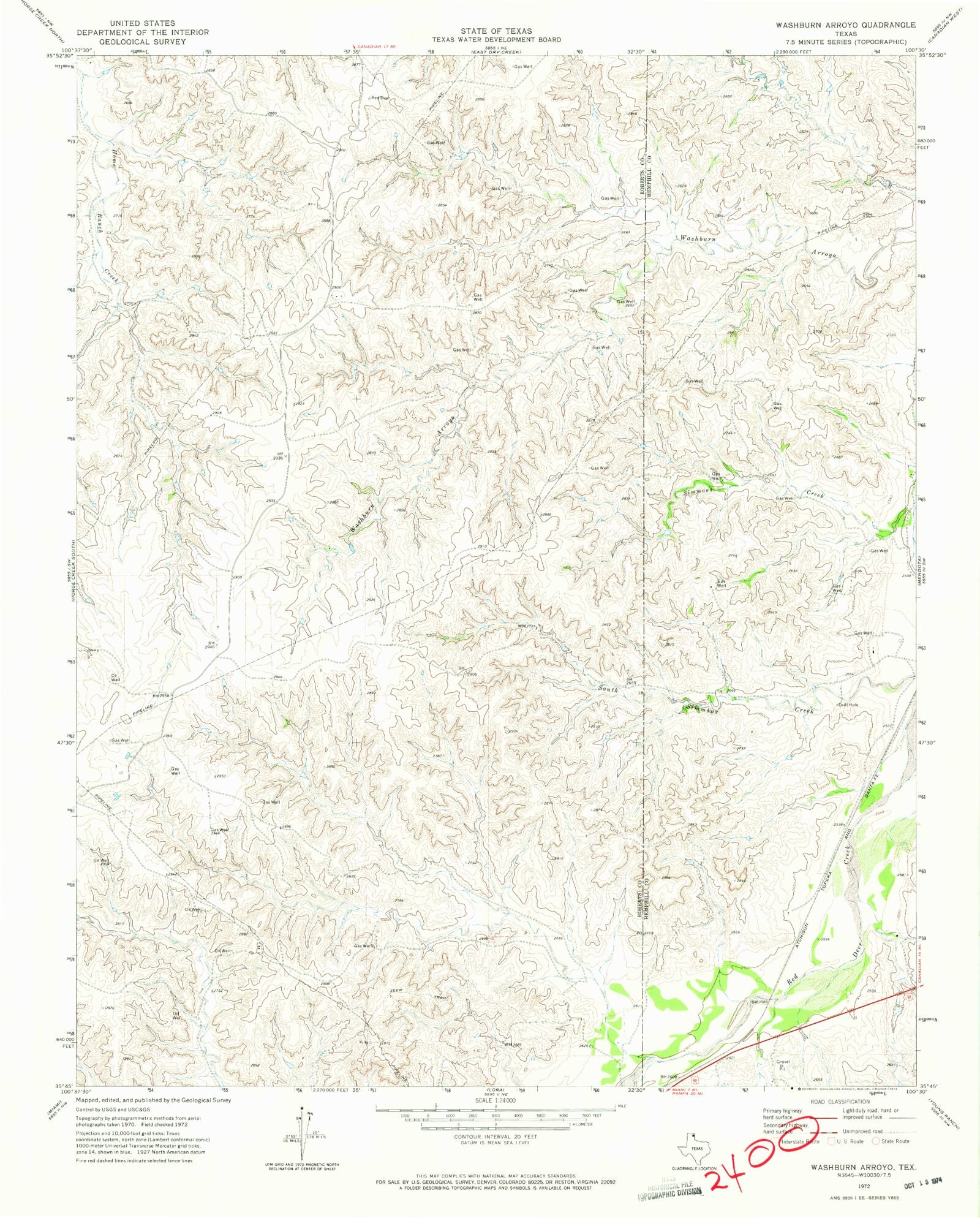 Classic USGS Washburn Arroyo Texas 7.5'x7.5' Topo Map – MyTopo Map Store