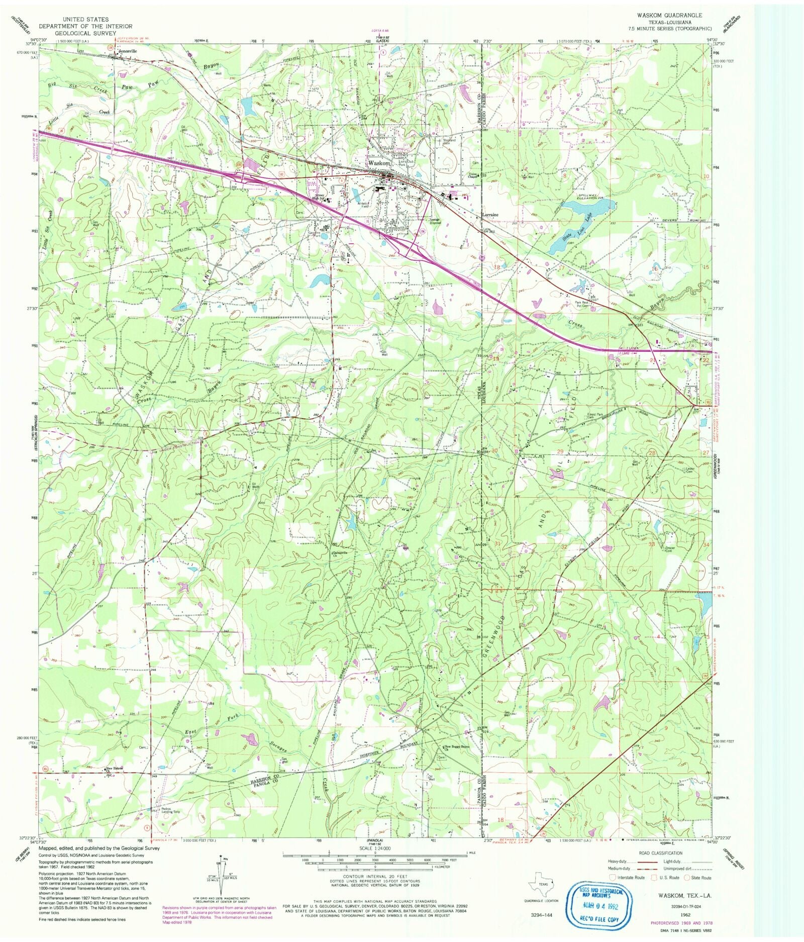 Classic USGS Waskom Texas 7.5'x7.5' Topo Map – MyTopo Map Store