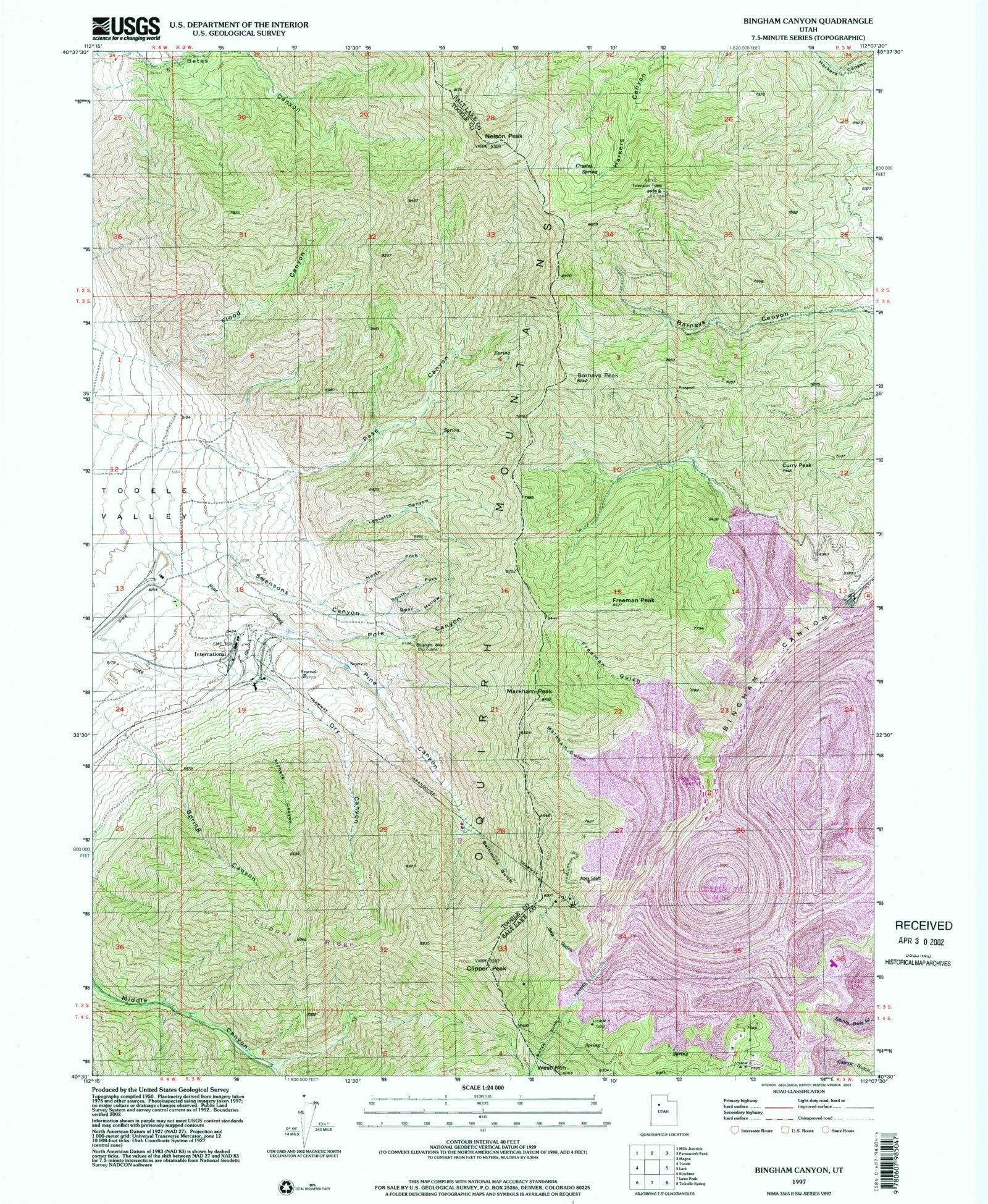 Classic USGS Bingham Canyon Utah 7.5'x7.5' Topo Map – MyTopo Map Store