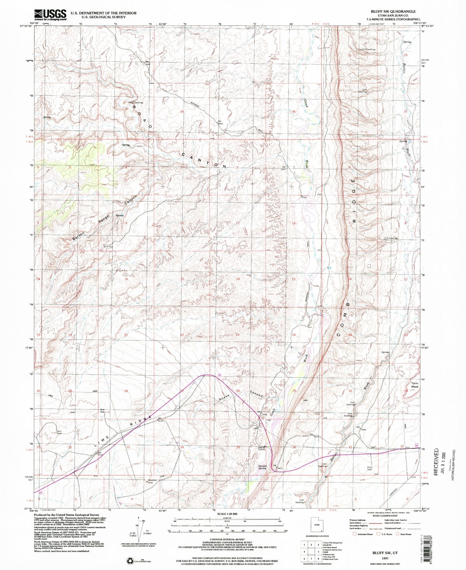Classic USGS Bluff SW Utah 7.5'x7.5' Topo Map – MyTopo Map Store