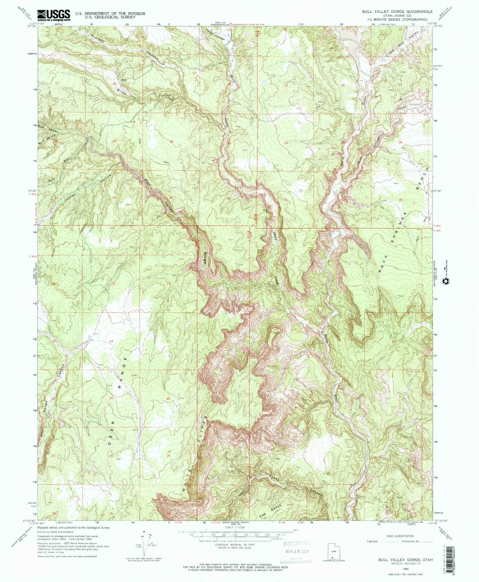 Classic USGS Bull Valley Gorge Utah 7.5'x7.5' Topo Map – MyTopo Map Store