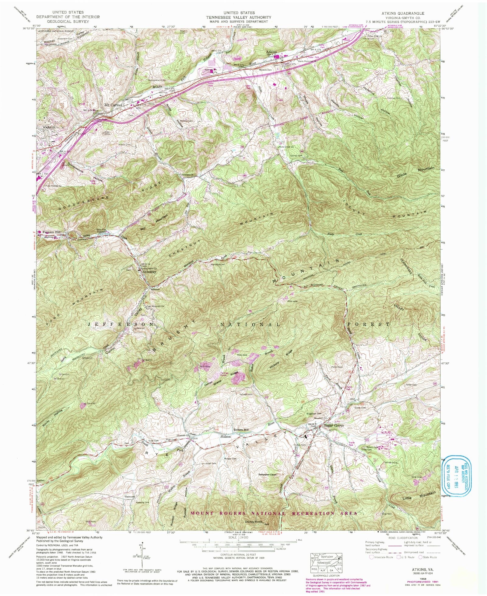 Classic USGS Atkins Virginia 7.5'x7.5' Topo Map – MyTopo Map Store