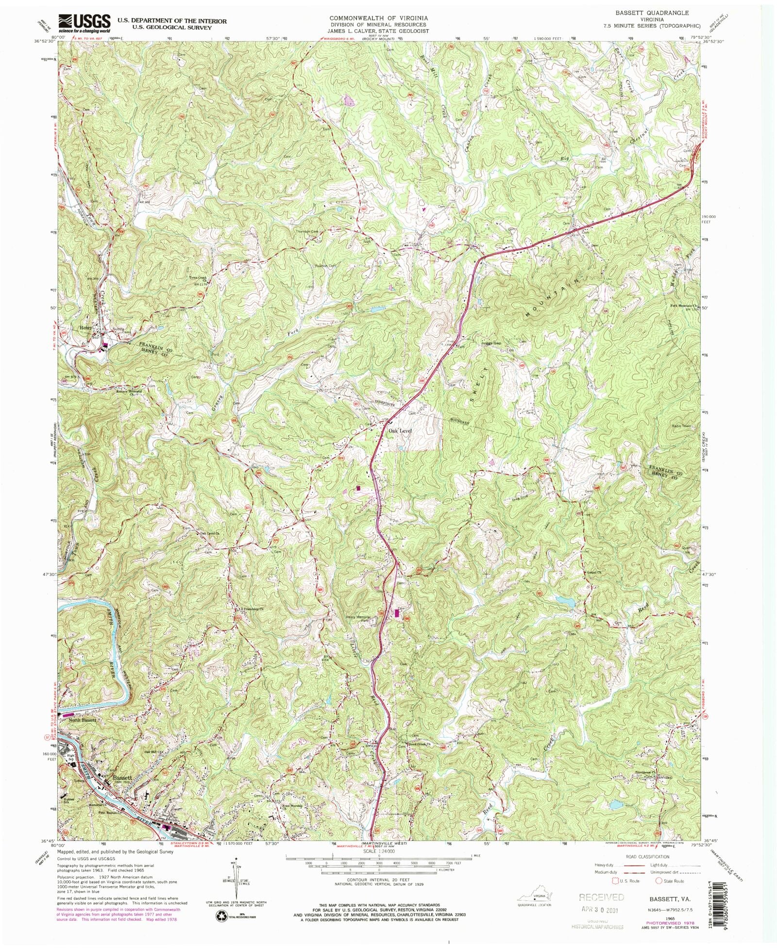 Classic USGS Bassett Virginia 7.5'x7.5' Topo Map – MyTopo Map Store