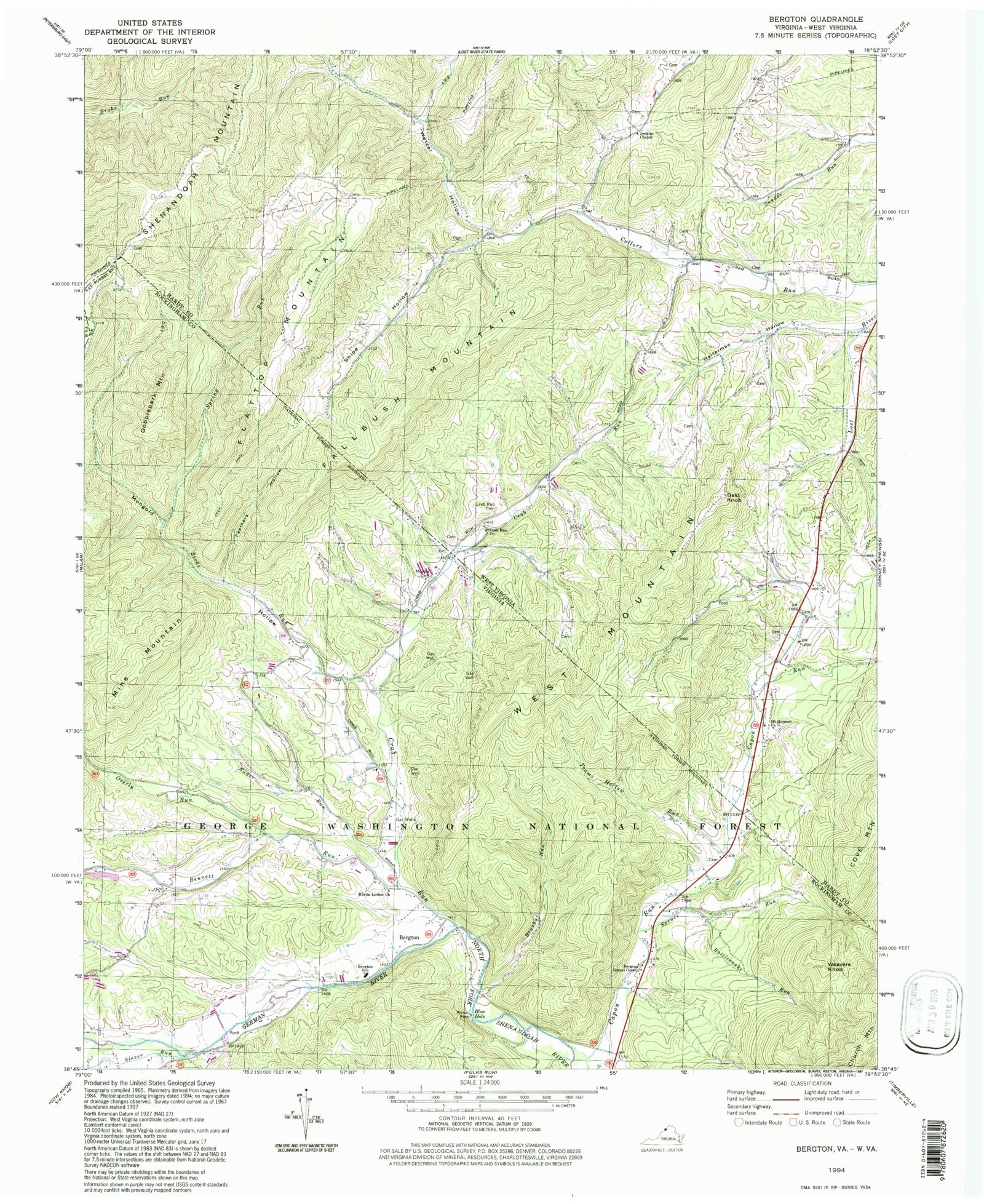 Classic USGS Bergton Virginia 7.5'x7.5' Topo Map – MyTopo Map Store