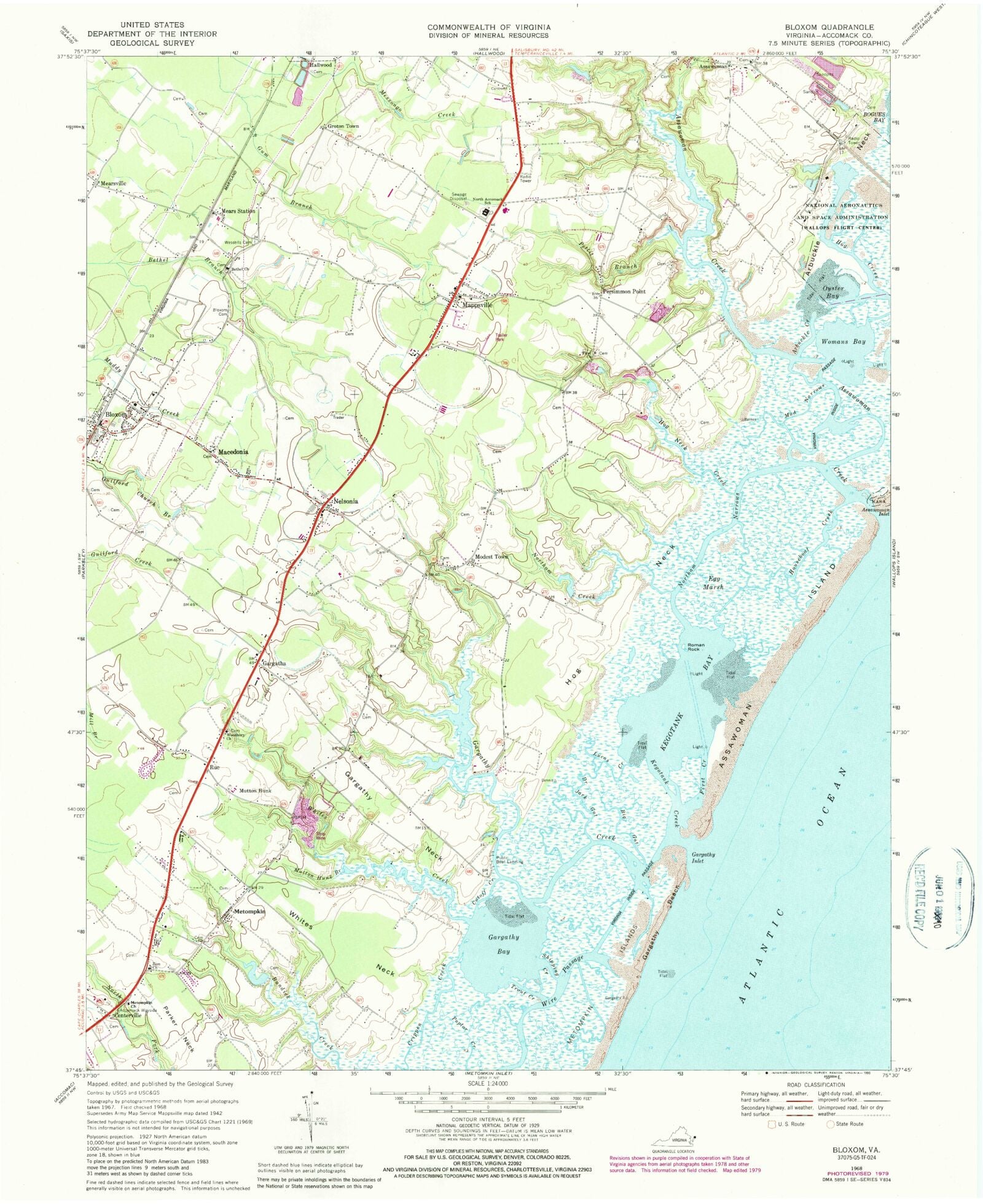Classic USGS Bloxom Virginia 7.5'x7.5' Topo Map – MyTopo Map Store