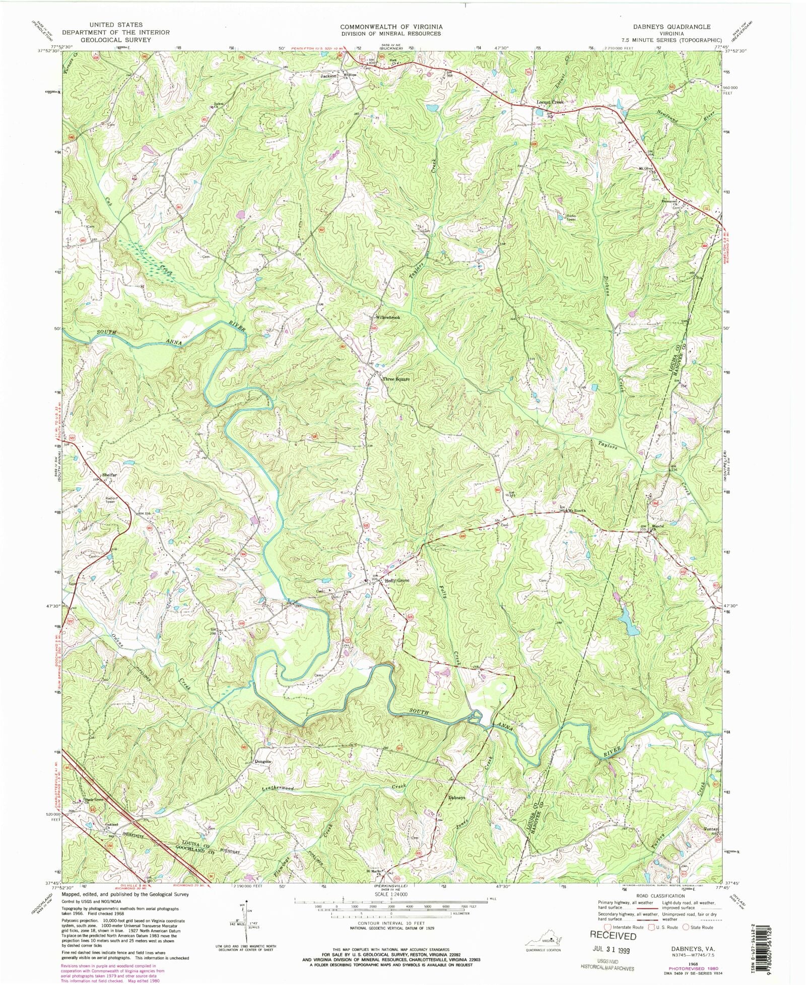 Classic USGS Dabneys Virginia 7.5'x7.5' Topo Map – MyTopo Map Store