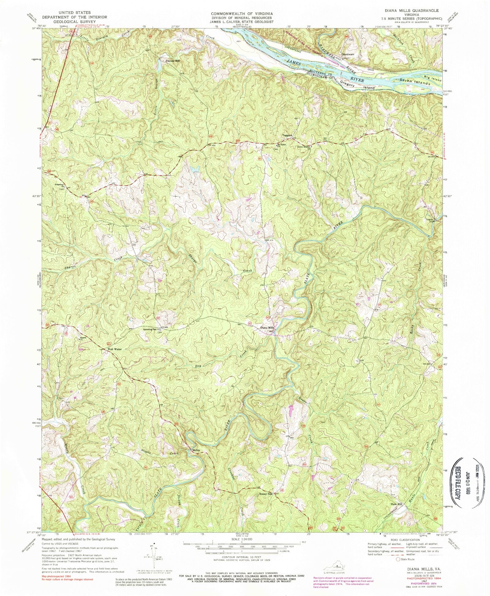 Classic USGS Diana Mills Virginia 7.5'x7.5' Topo Map – MyTopo Map Store