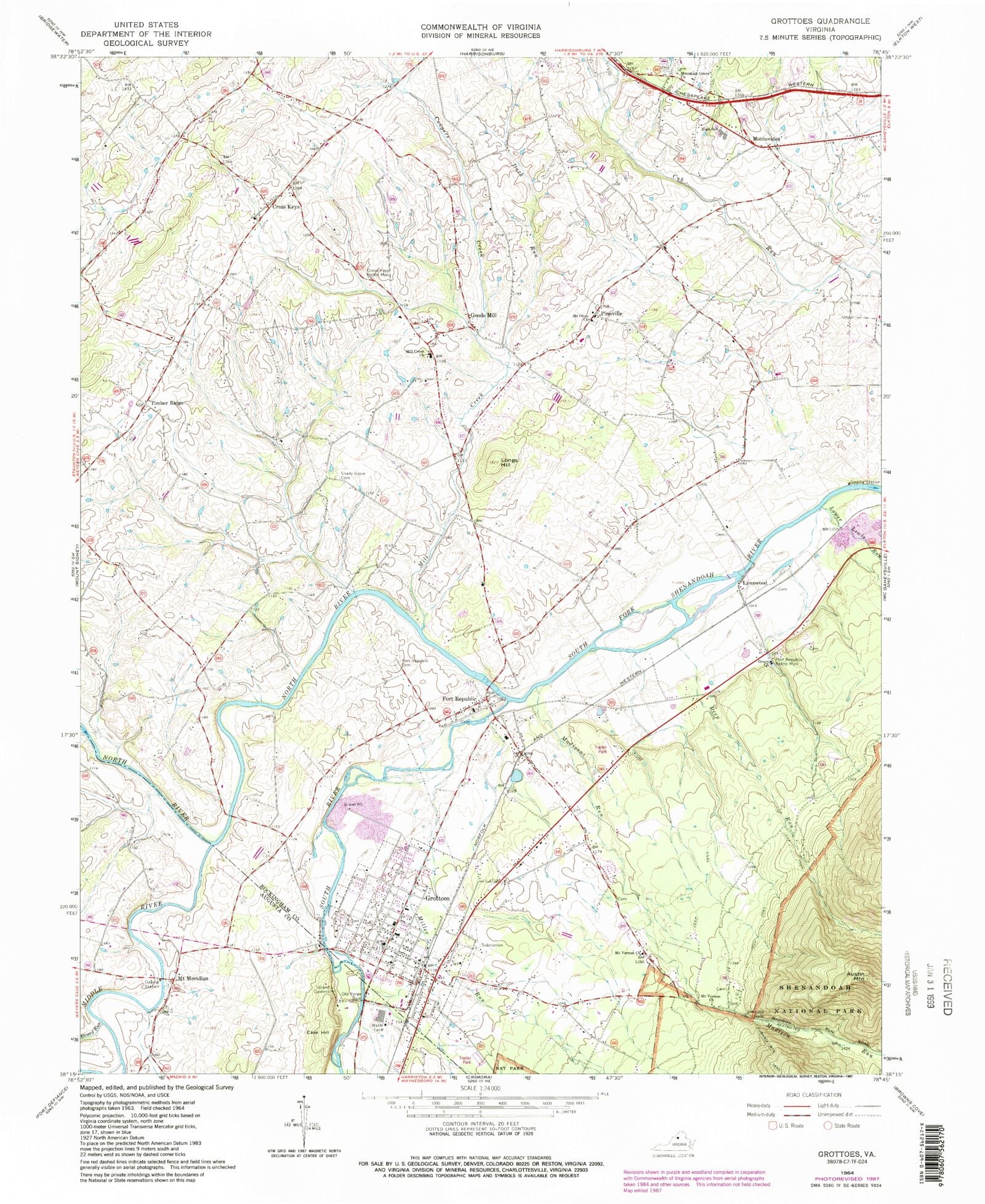 Classic USGS Grottoes Virginia 7.5'x7.5' Topo Map – MyTopo Map Store