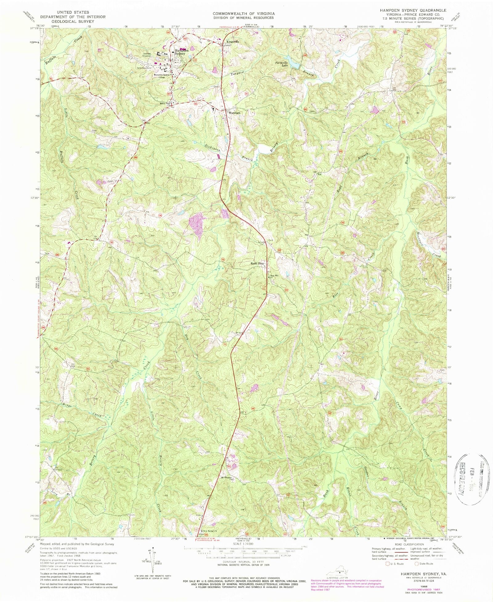 Classic USGS Hampden Sydney Virginia 7.5'x7.5' Topo Map – MyTopo Map Store