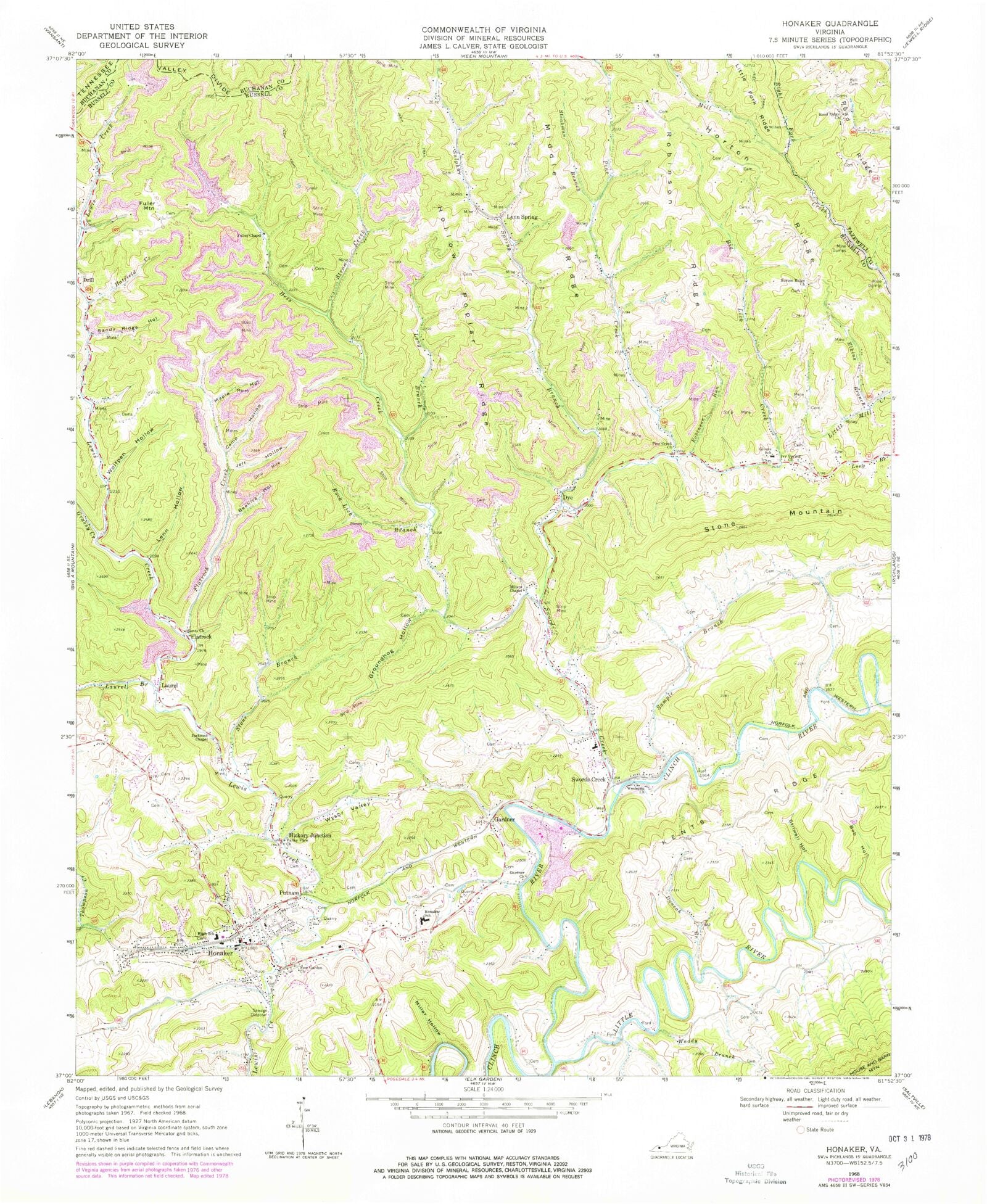 Classic USGS Honaker Virginia 7.5'x7.5' Topo Map – MyTopo Map Store