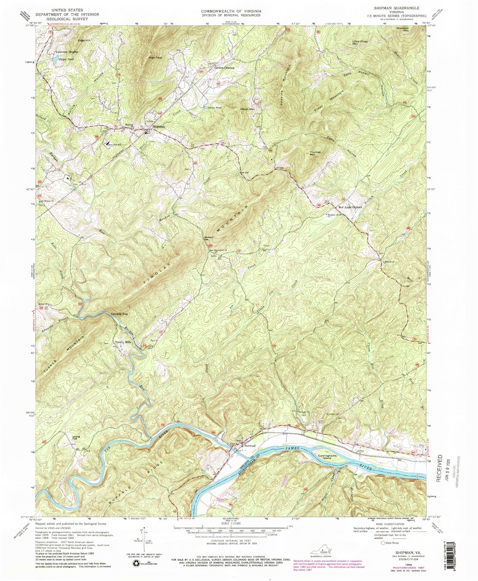 Classic USGS Shipman Virginia 7.5'x7.5' Topo Map – MyTopo Map Store