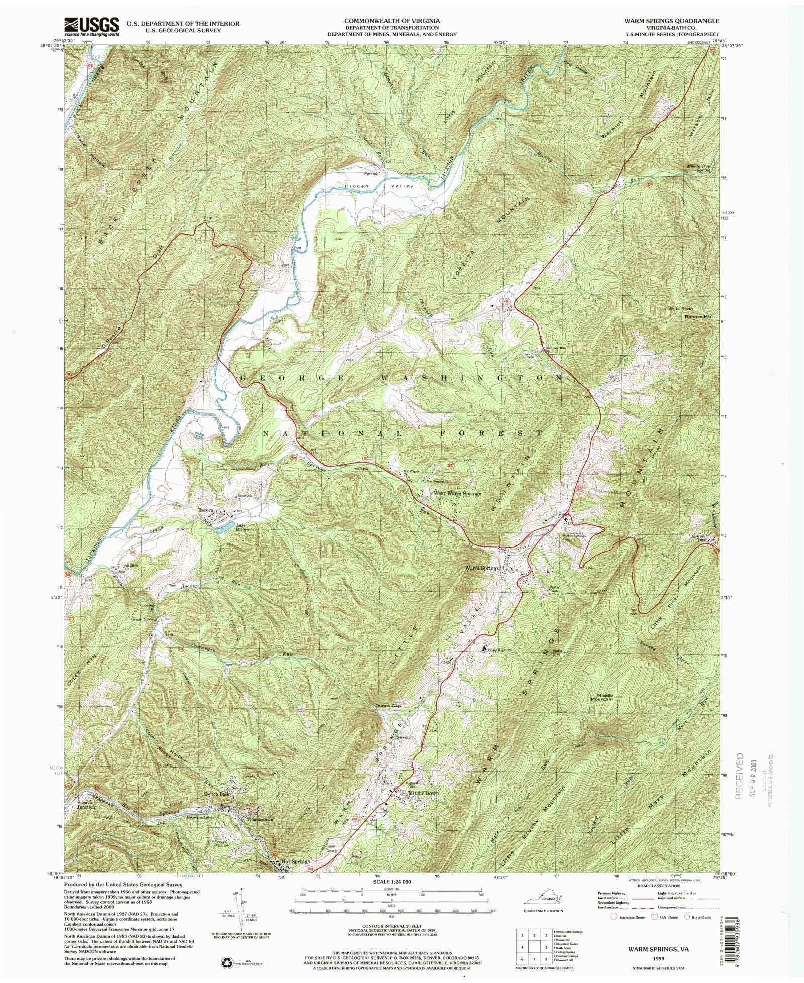 Classic USGS Warm Springs Virginia 7.5'x7.5' Topo Map – MyTopo Map Store