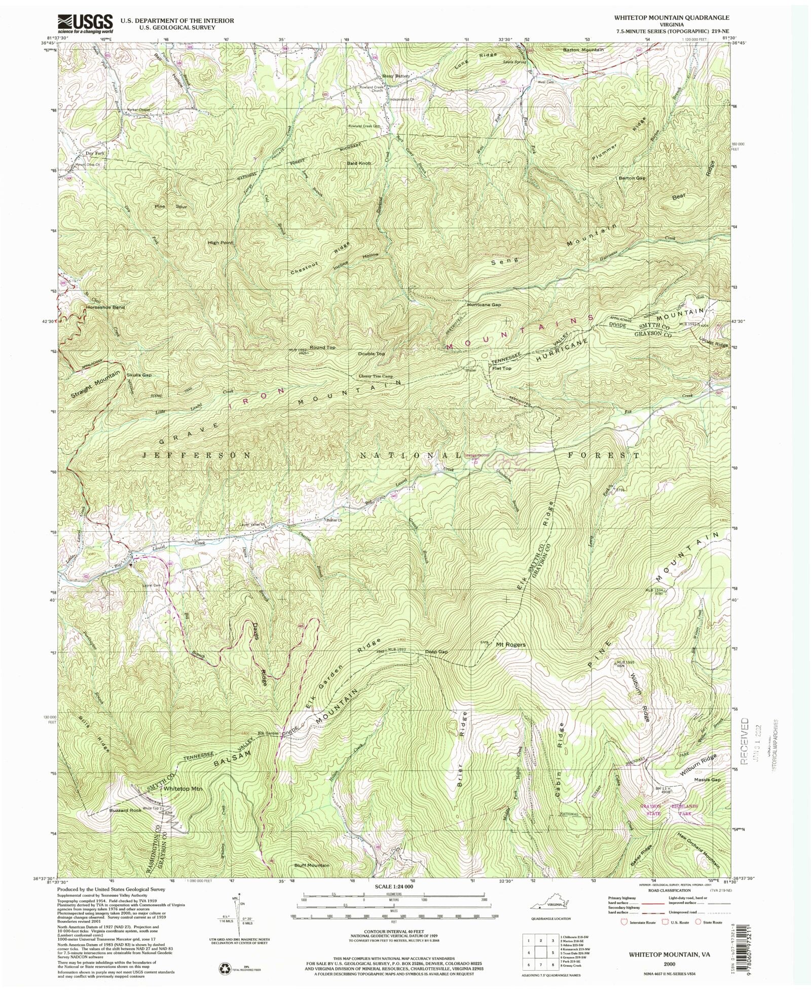 Classic USGS Whitetop Mountain Virginia 7.5'x7.5' Topo Map – MyTopo Map ...