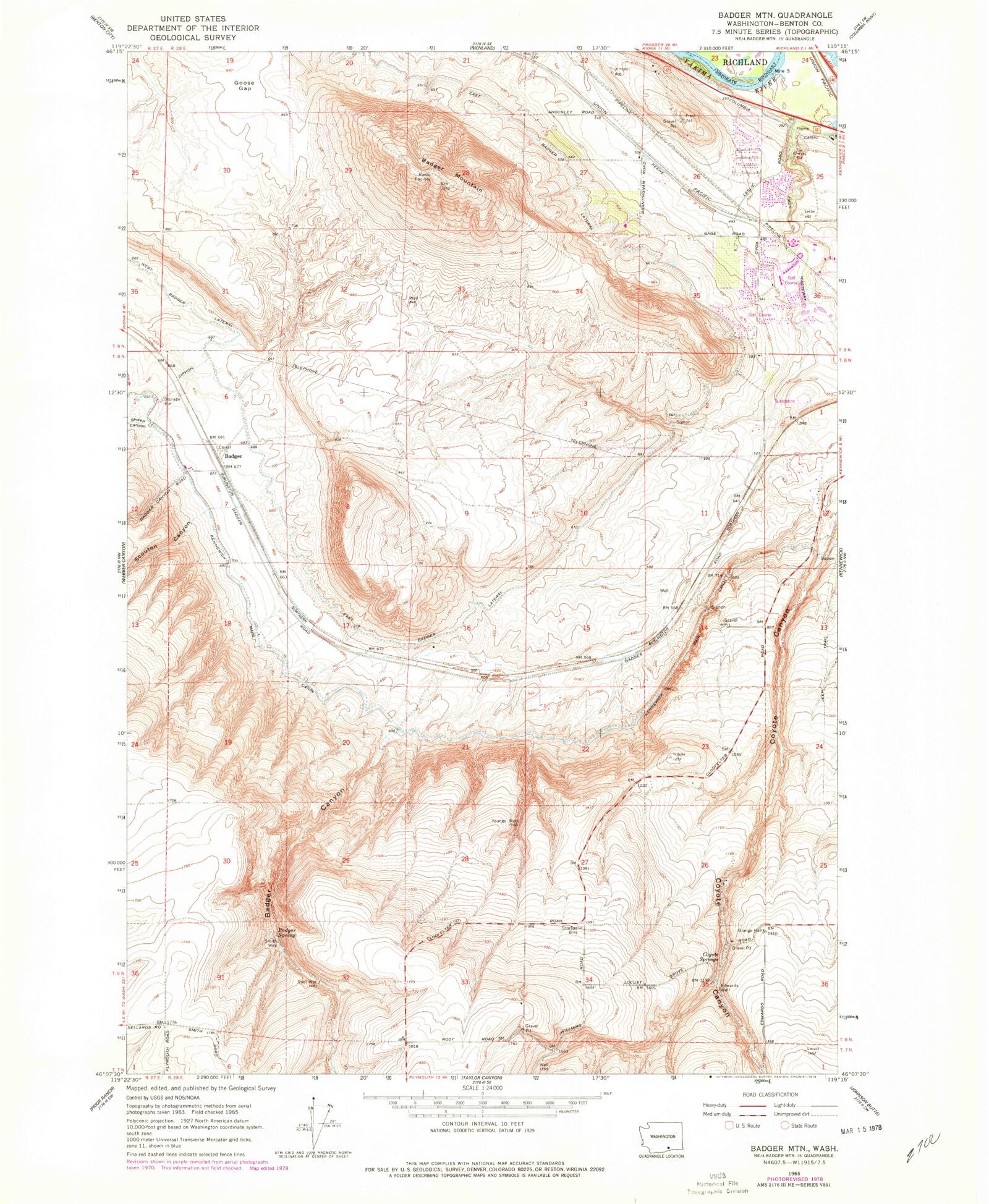 Classic USGS Badger Mountain Washington 7.5'x7.5' Topo Map – MyTopo Map ...