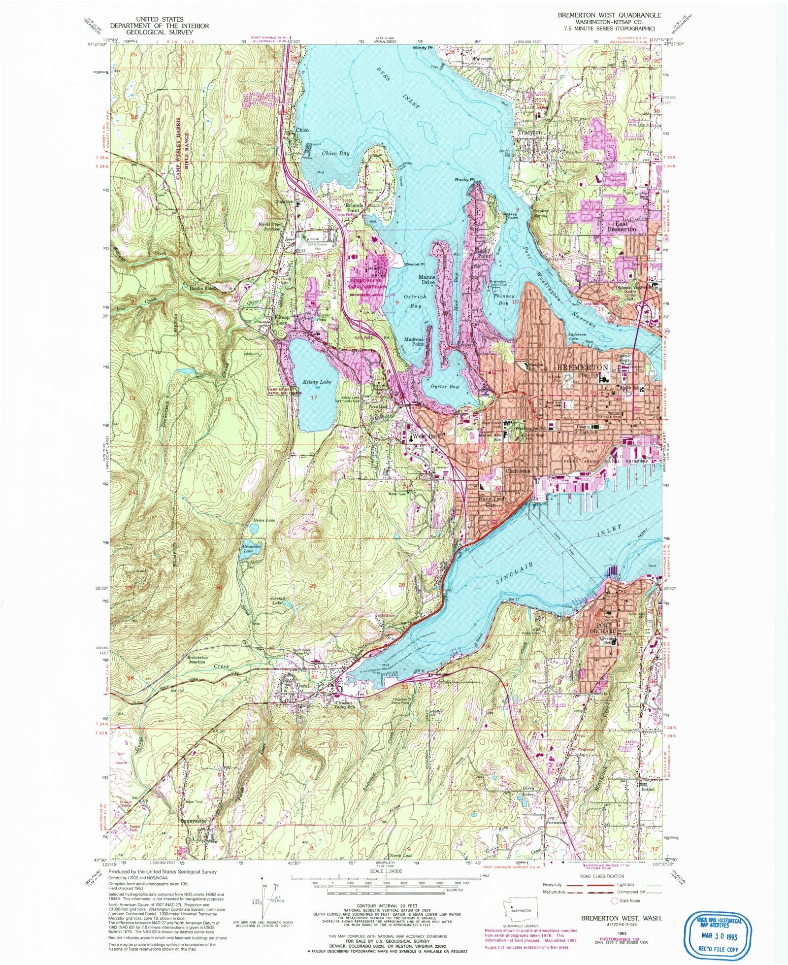 Classic USGS Bremerton West Washington 7.5'x7.5' Topo Map – MyTopo Map ...