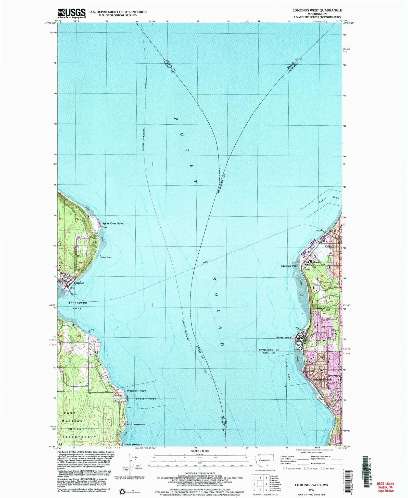 Classic USGS Edmonds West Washington 7.5'x7.5' Topo Map – MyTopo Map Store