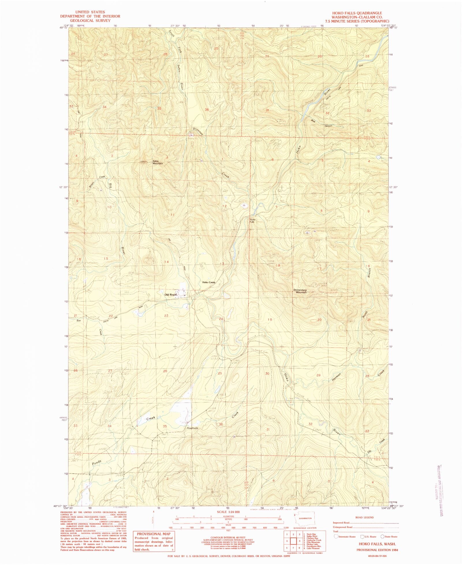 Classic USGS Hoko Falls Washington 7.5'x7.5' Topo Map – MyTopo Map Store
