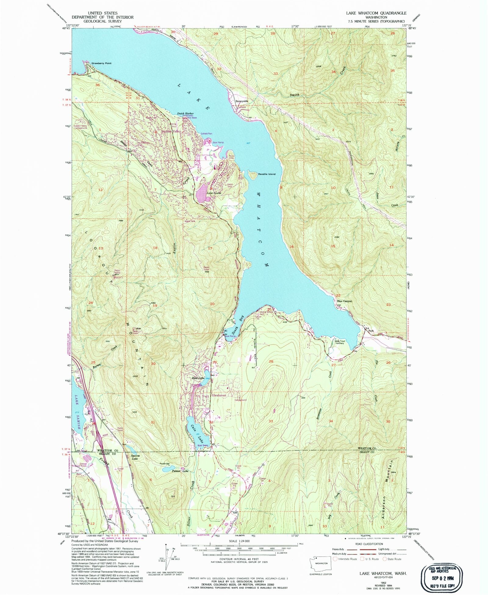 Classic USGS Lake Whatcom Washington 7.5'x7.5' Topo Map – MyTopo Map Store
