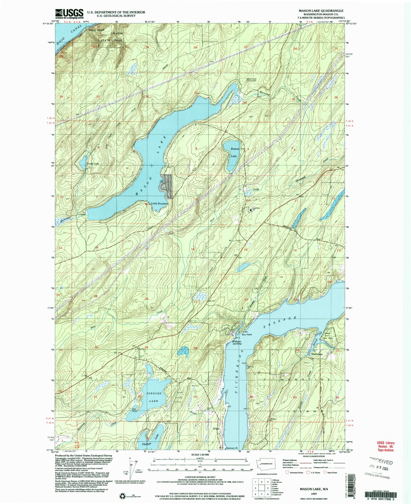 Classic USGS Mason Lake Washington 7.5'x7.5' Topo Map – MyTopo Map Store