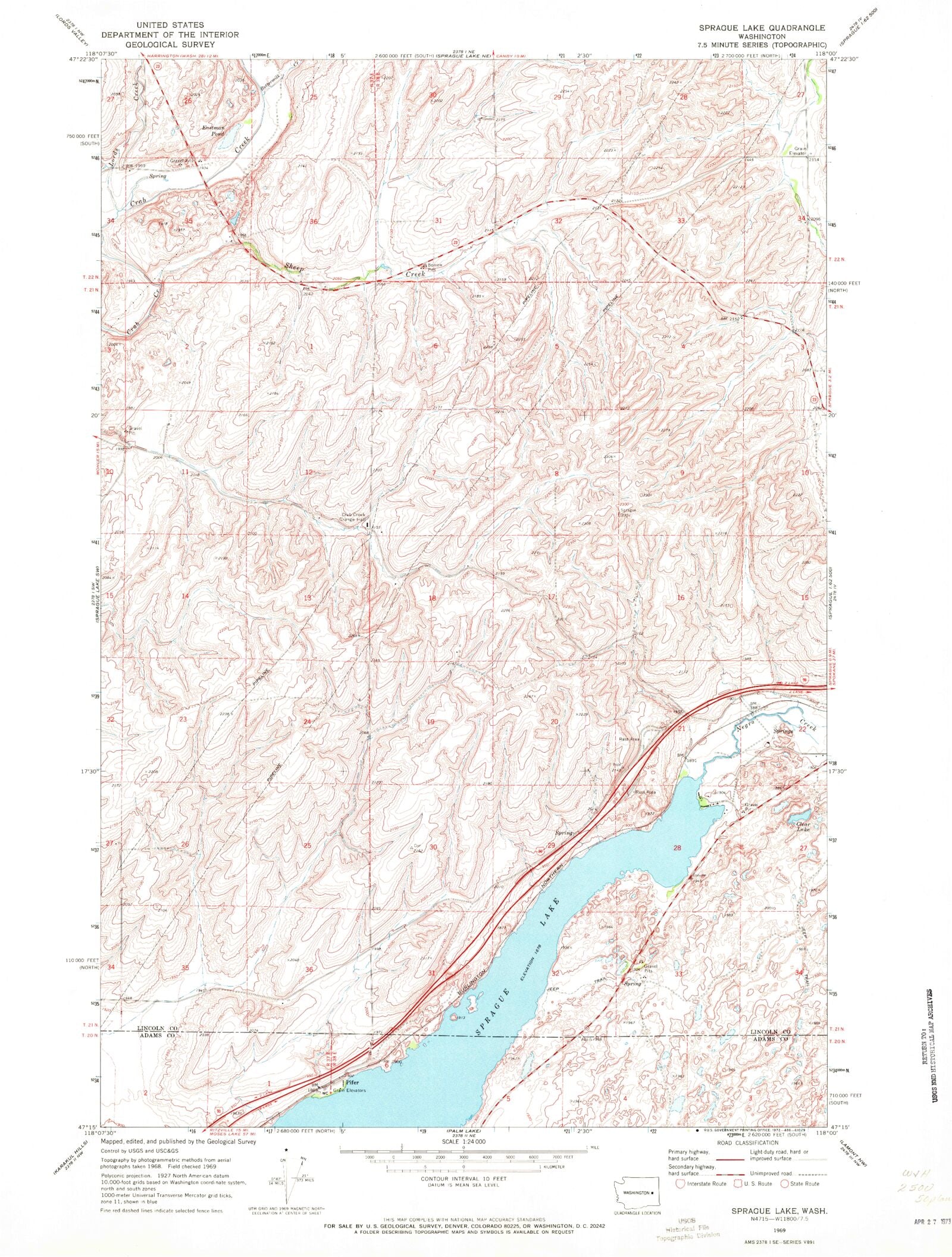 Classic USGS Sprague Lake Washington 7.5'x7.5' Topo Map – MyTopo Map Store