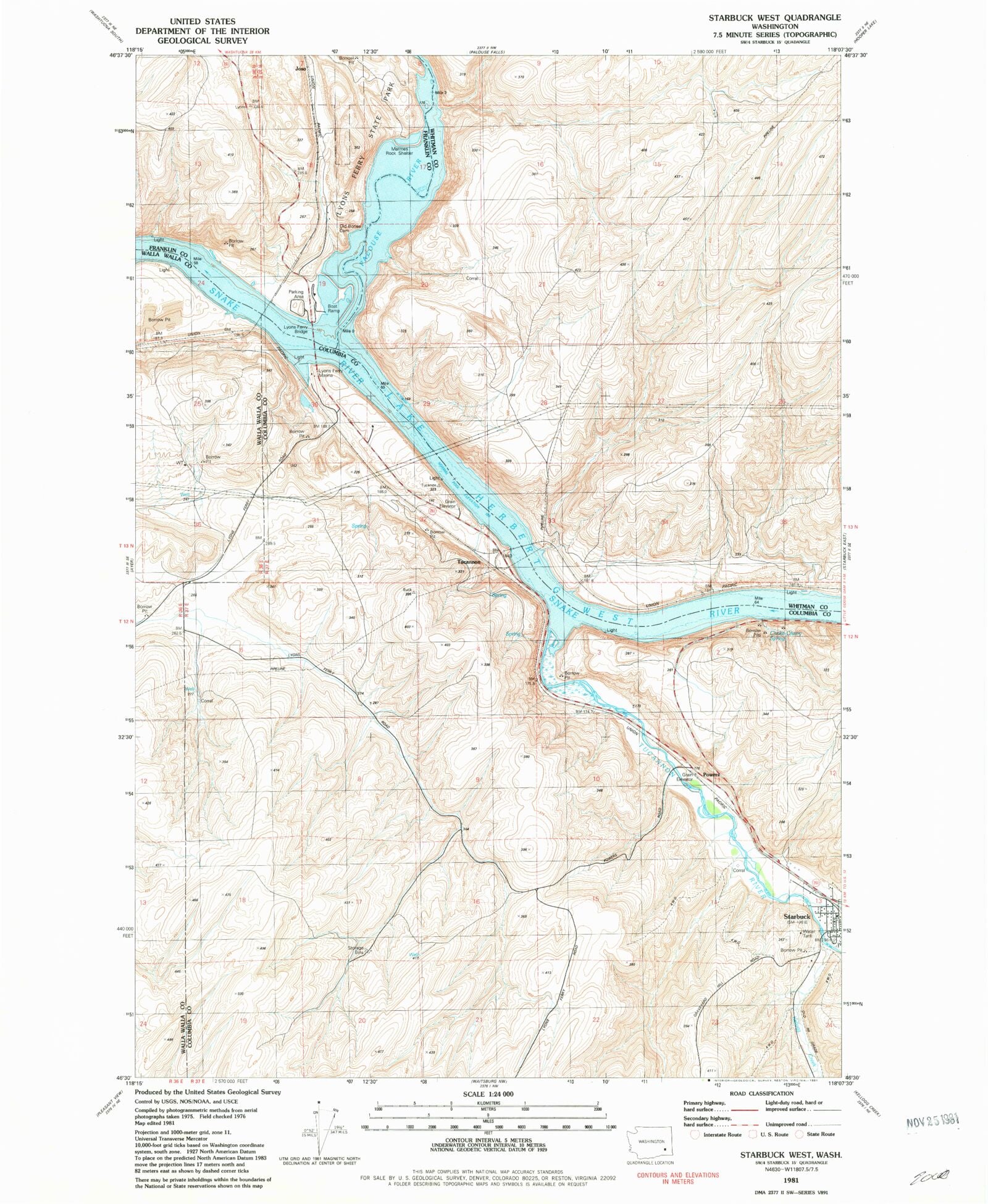 Classic USGS Starbuck West Washington 7.5'x7.5' Topo Map – MyTopo Map Store