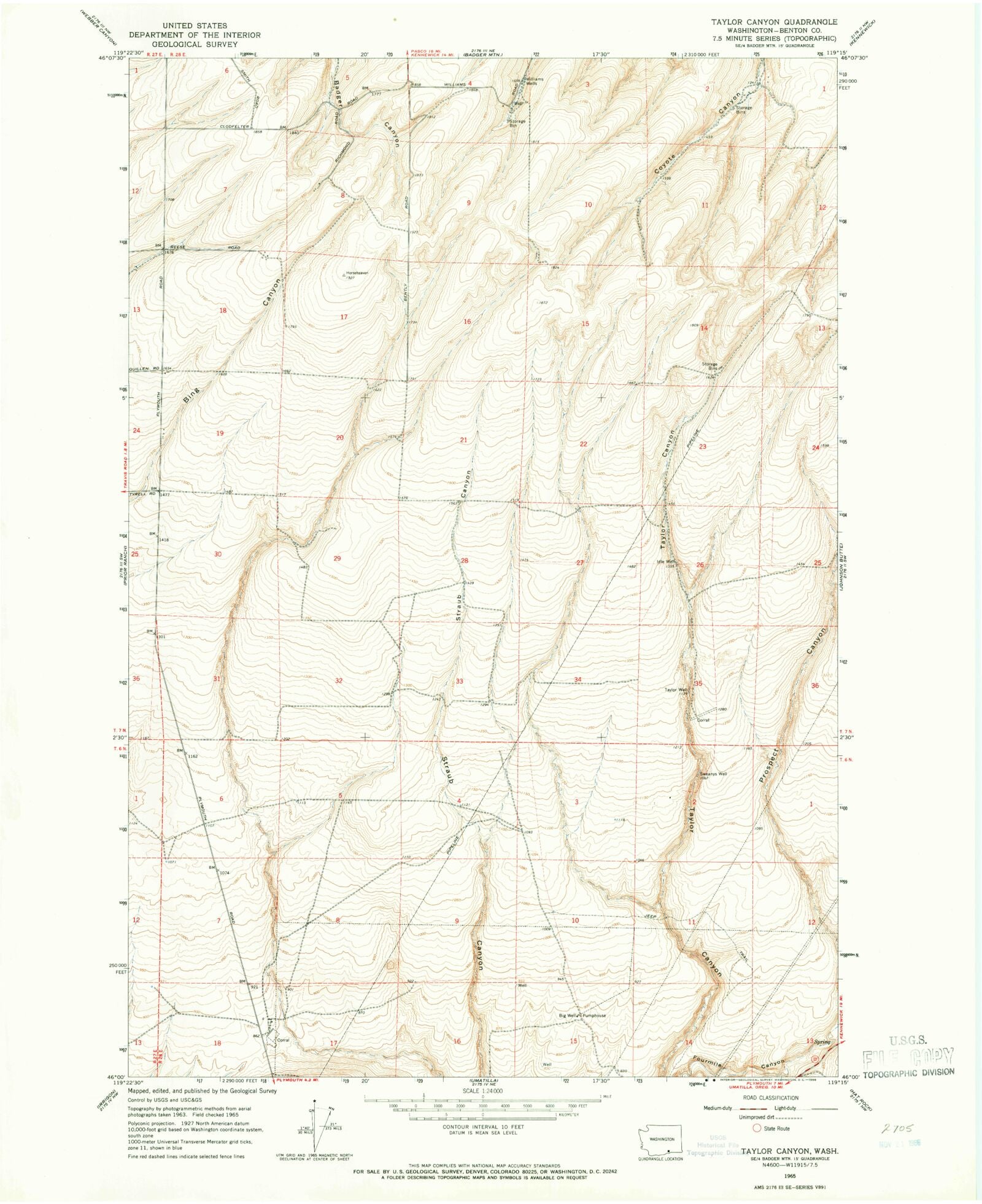Classic USGS Taylor Canyon Washington 7.5'x7.5' Topo Map – MyTopo Map Store