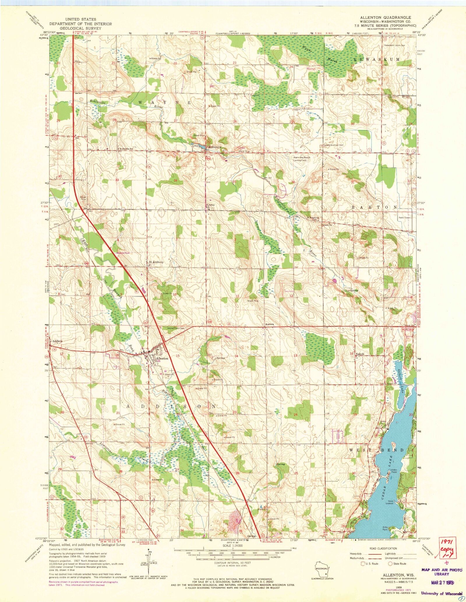 Classic USGS Allenton Wisconsin 7.5'x7.5' Topo Map – MyTopo Map Store