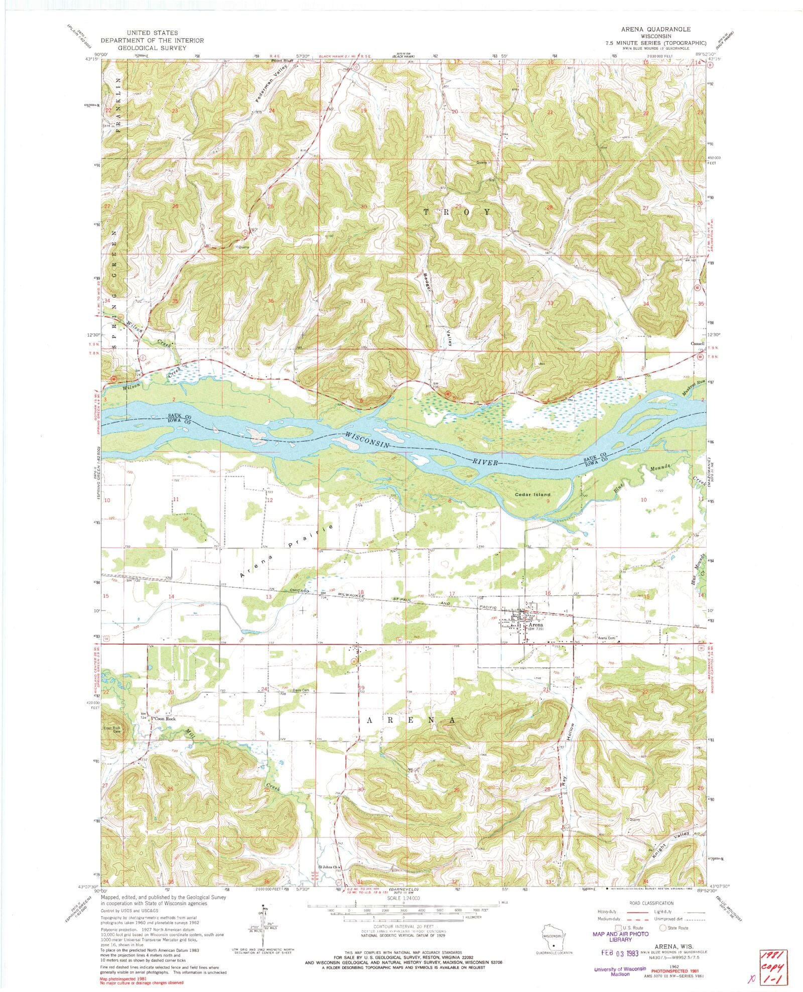 Classic USGS Arena Wisconsin 7.5'x7.5' Topo Map – MyTopo Map Store