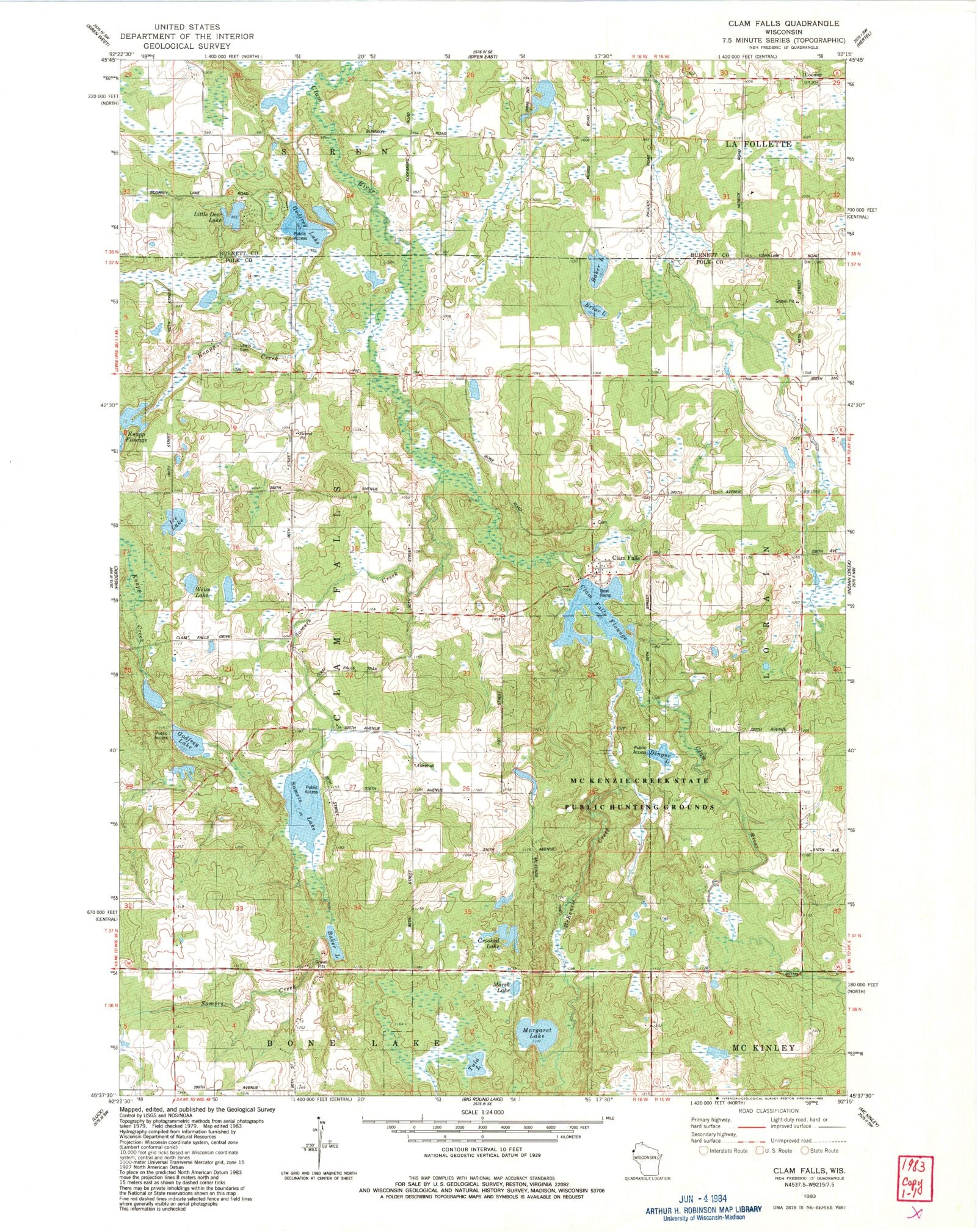 Classic USGS Clam Falls Wisconsin 7.5'x7.5' Topo Map – MyTopo Map Store