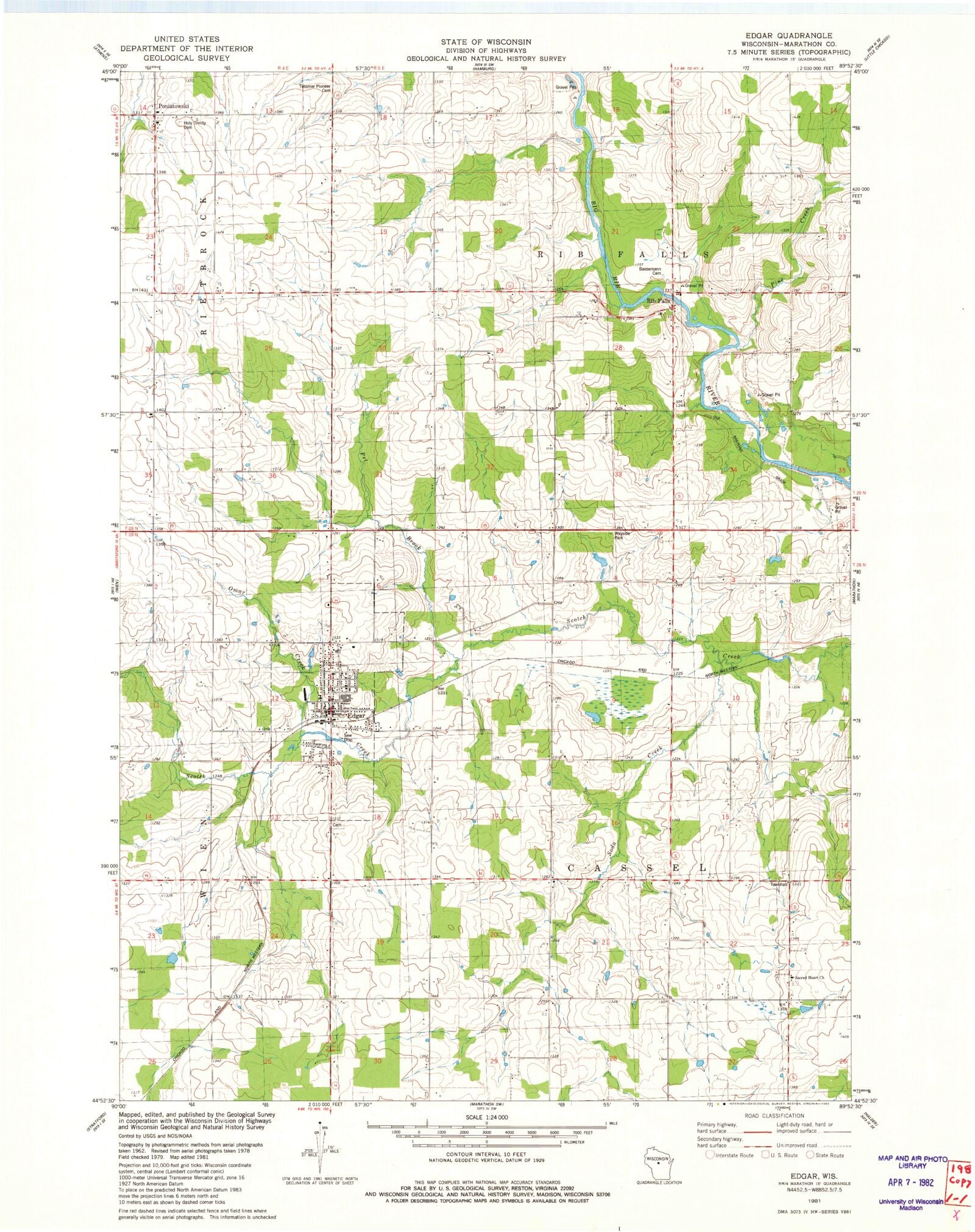 Classic USGS Edgar Wisconsin 7.5'x7.5' Topo Map – MyTopo Map Store