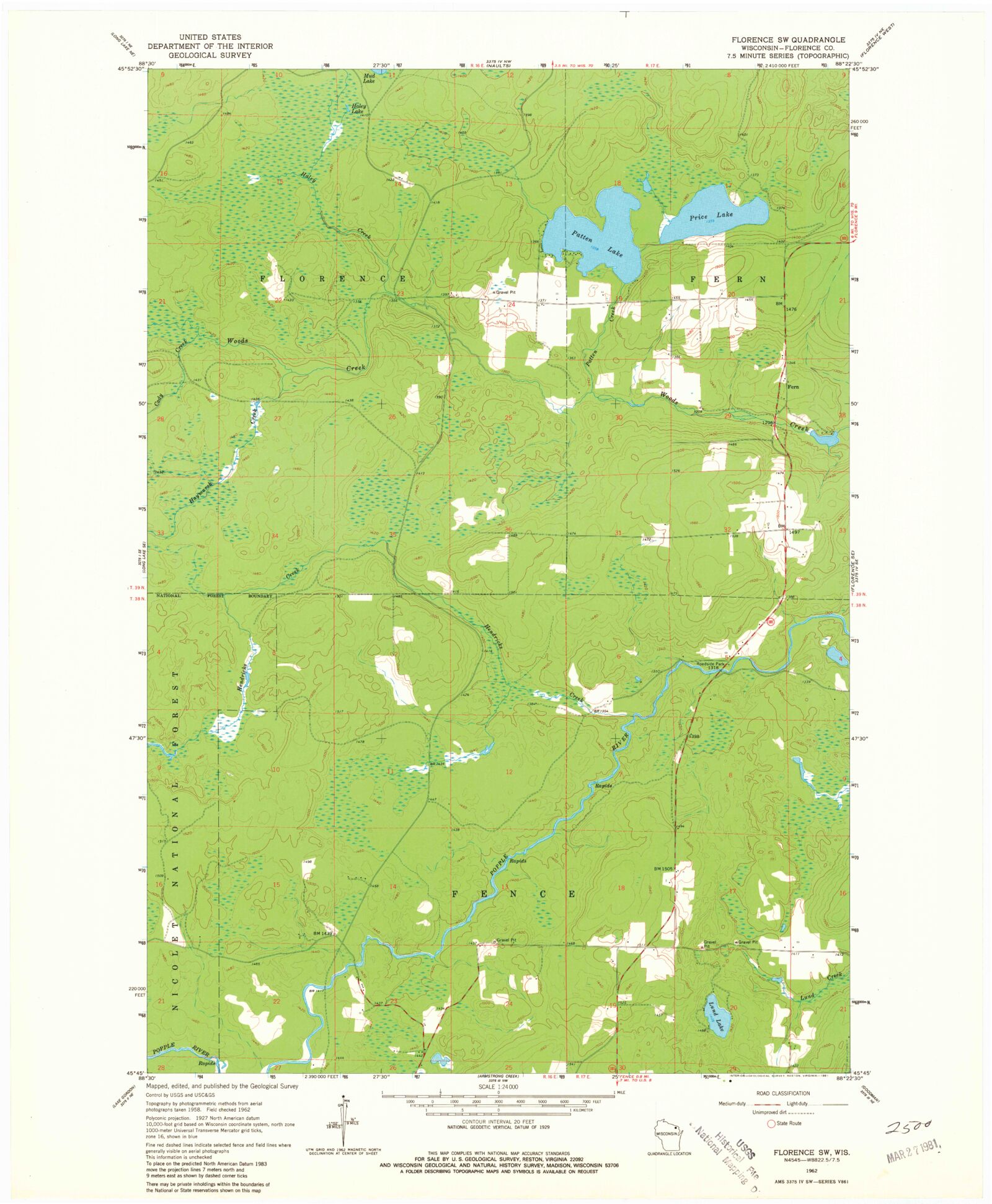 Classic USGS Florence SW Wisconsin 7.5'x7.5' Topo Map – MyTopo Map Store