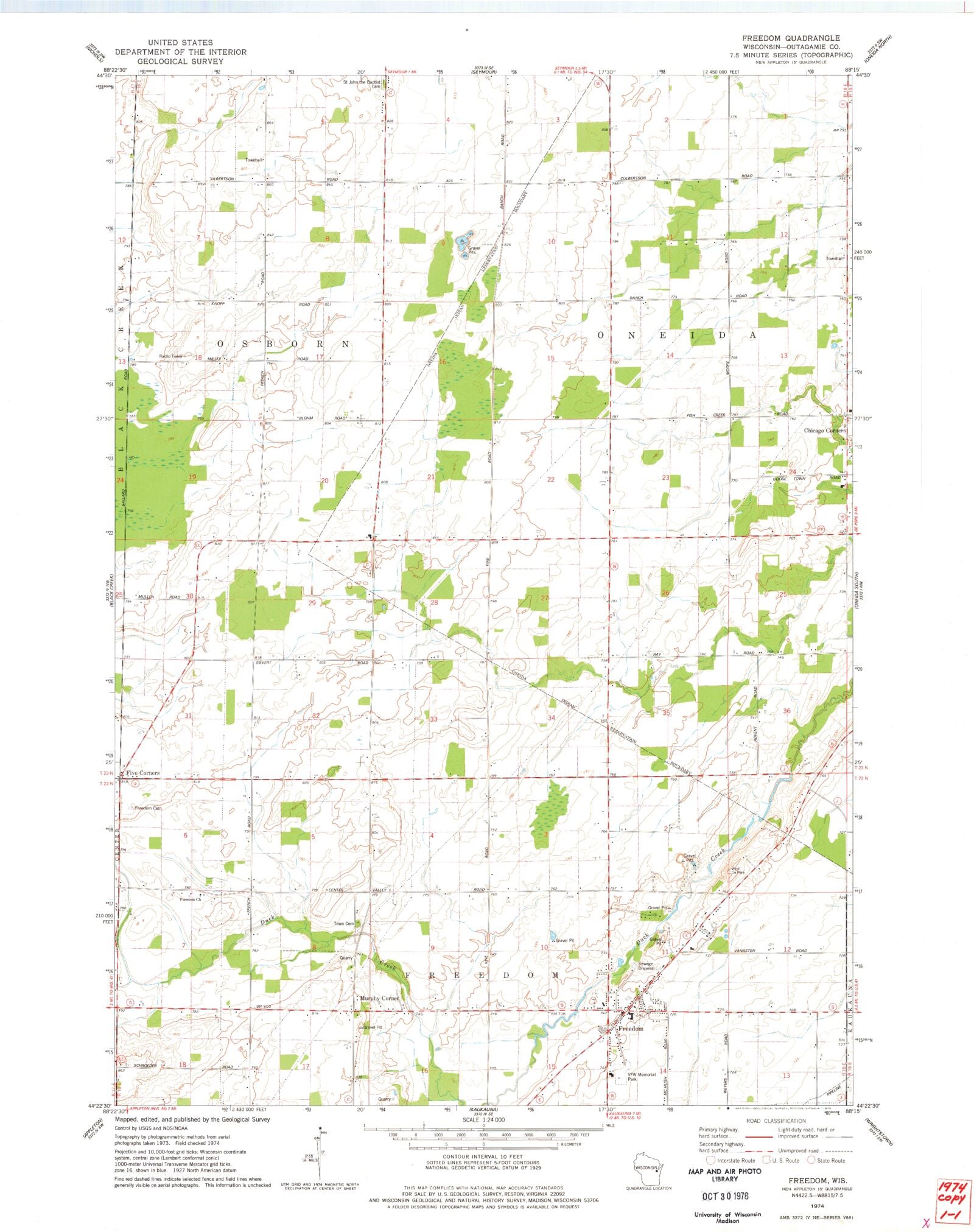 Classic USGS Freedom Wisconsin 7.5'x7.5' Topo Map – MyTopo Map Store