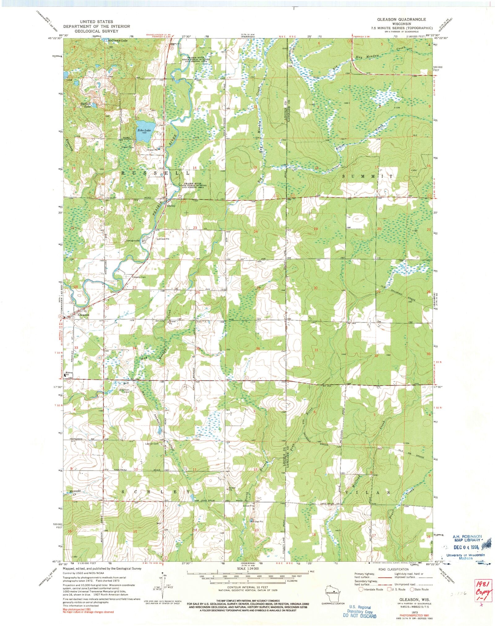 Classic USGS Gleason Wisconsin 7.5'x7.5' Topo Map – MyTopo Map Store