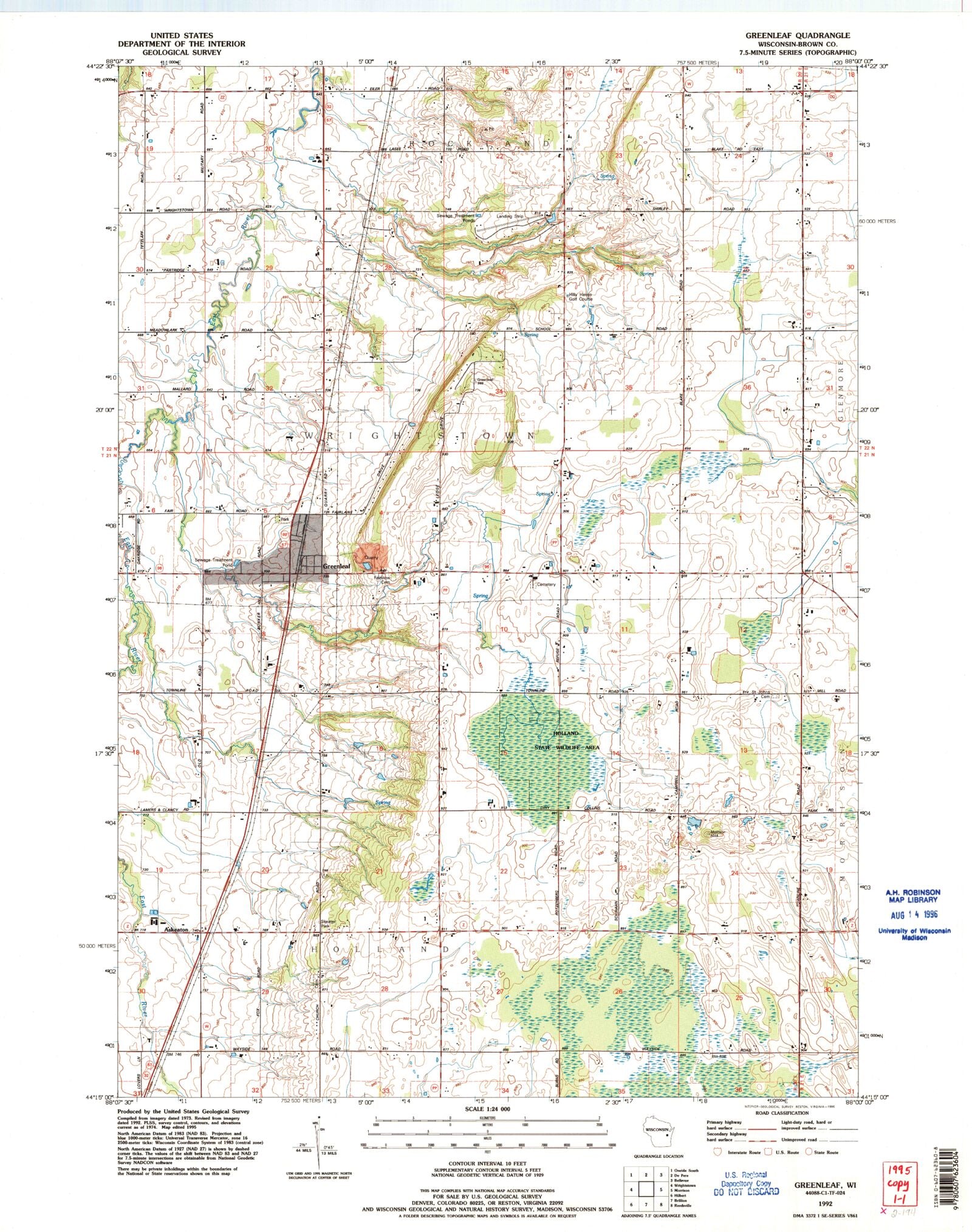 Classic USGS Greenleaf Wisconsin 7.5'x7.5' Topo Map – MyTopo Map Store
