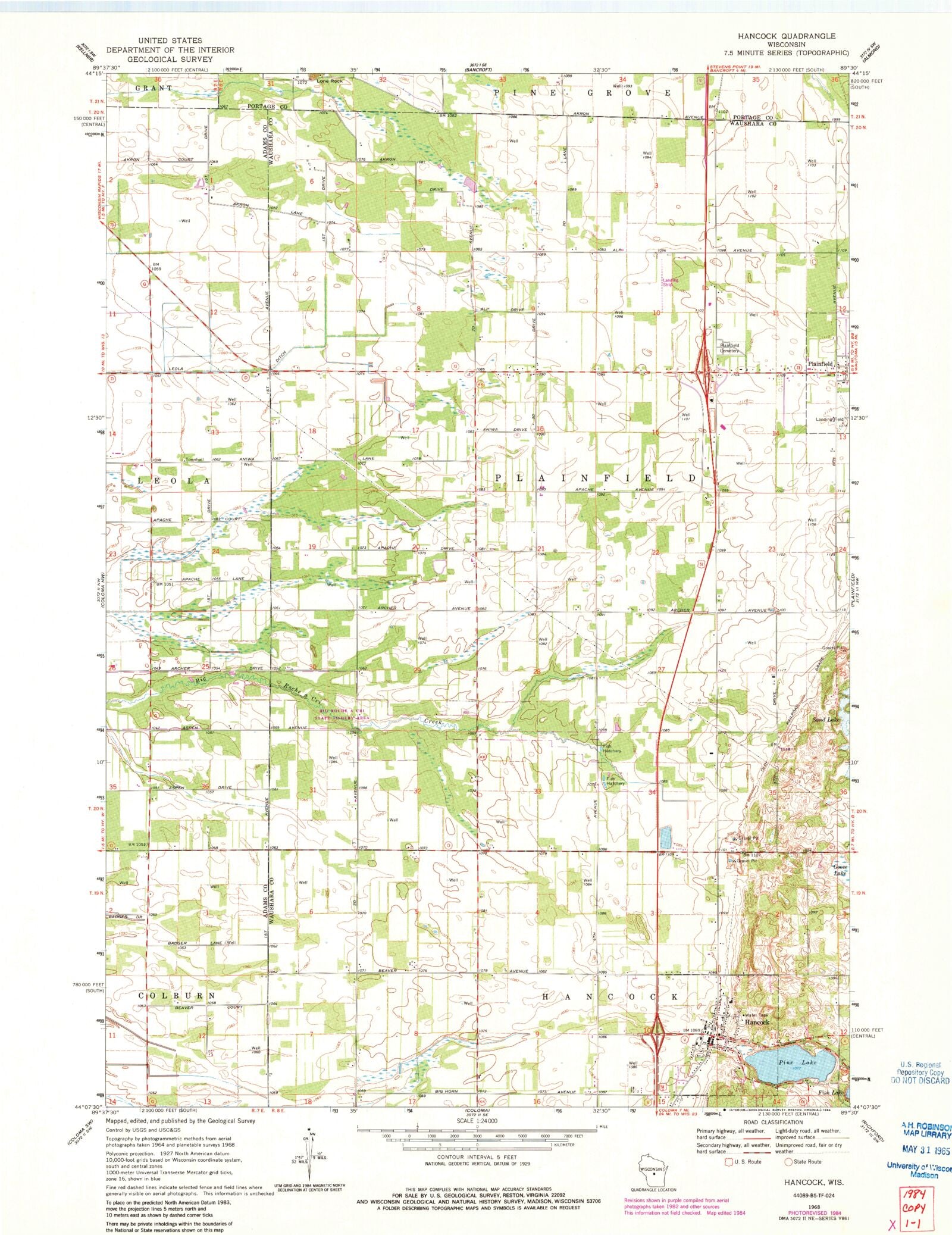 Classic USGS Hancock Wisconsin 7.5'x7.5' Topo Map – MyTopo Map Store