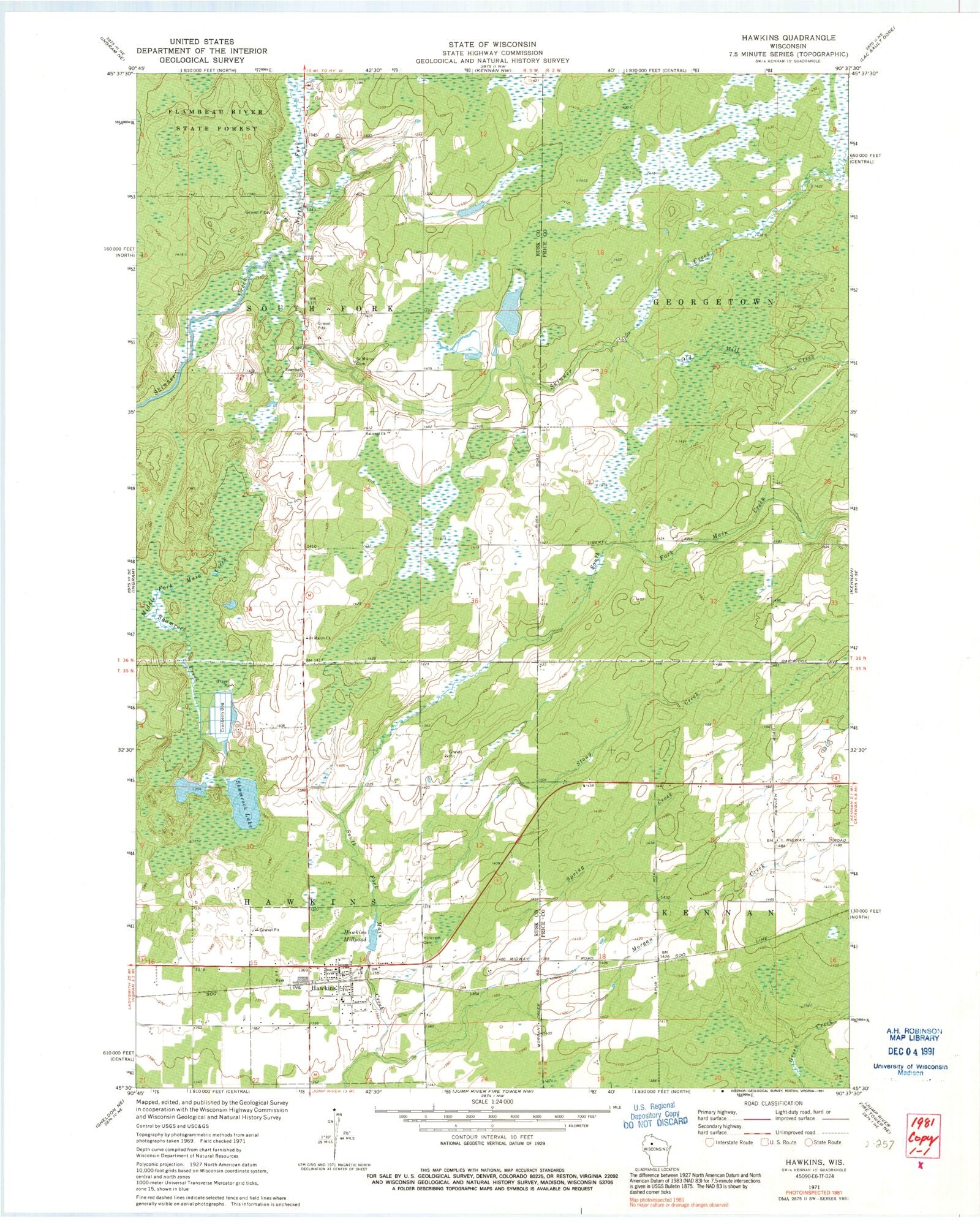 Classic USGS Hawkins Wisconsin 7.5'x7.5' Topo Map – MyTopo Map Store