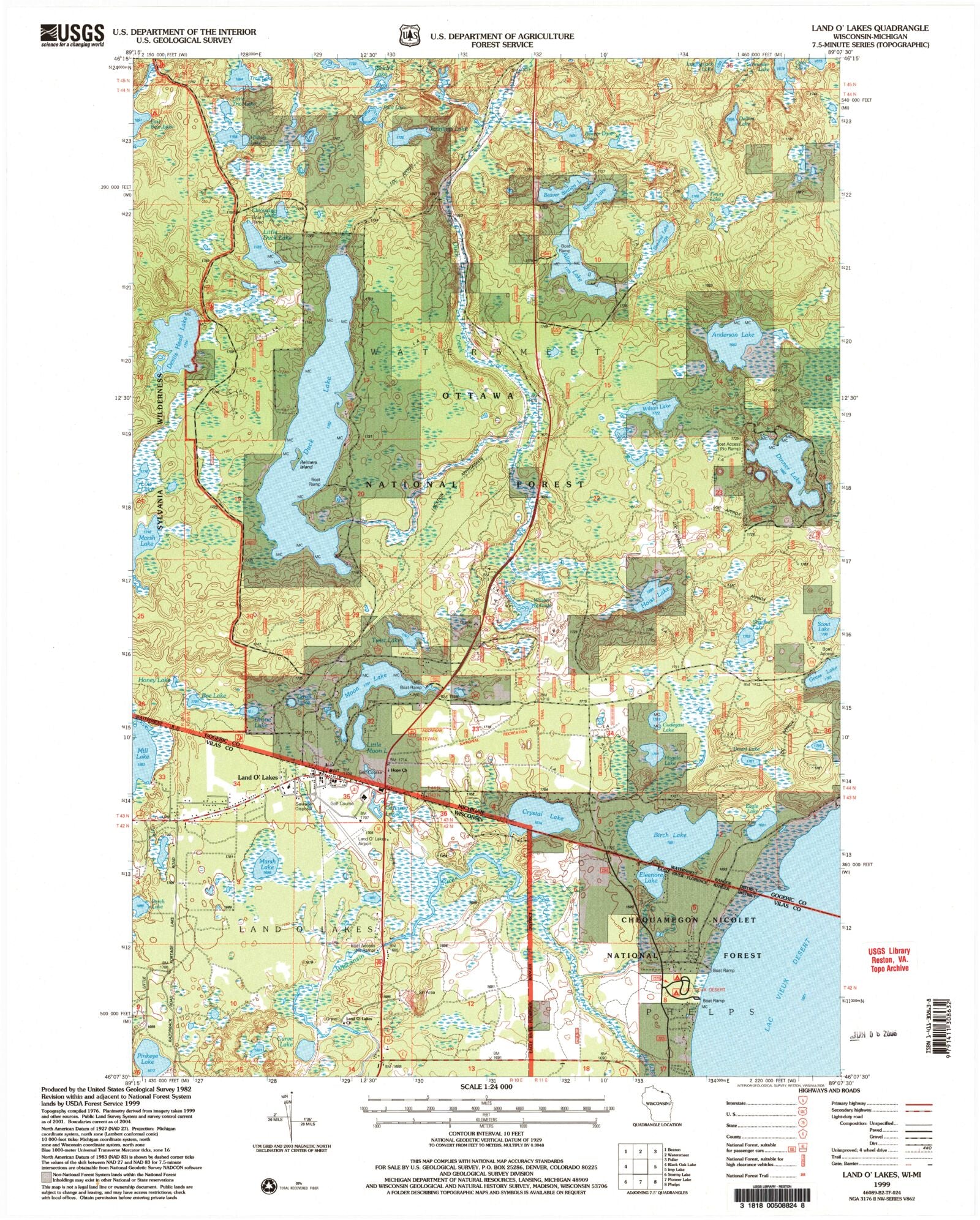 Classic USGS Land O' Lakes Wisconsin 7.5'x7.5' Topo Map – MyTopo Map Store