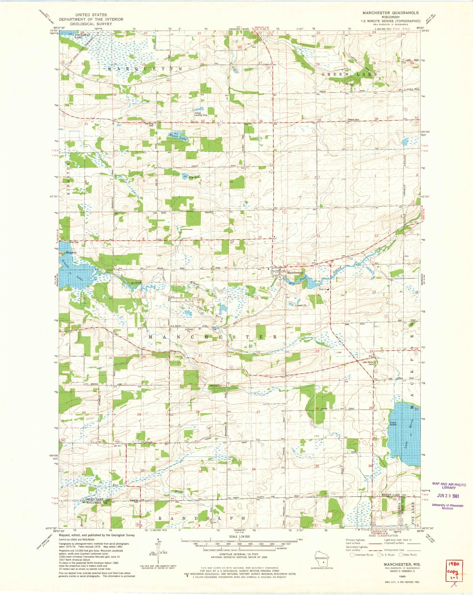 Classic USGS Manchester Wisconsin 7.5'x7.5' Topo Map – MyTopo Map Store