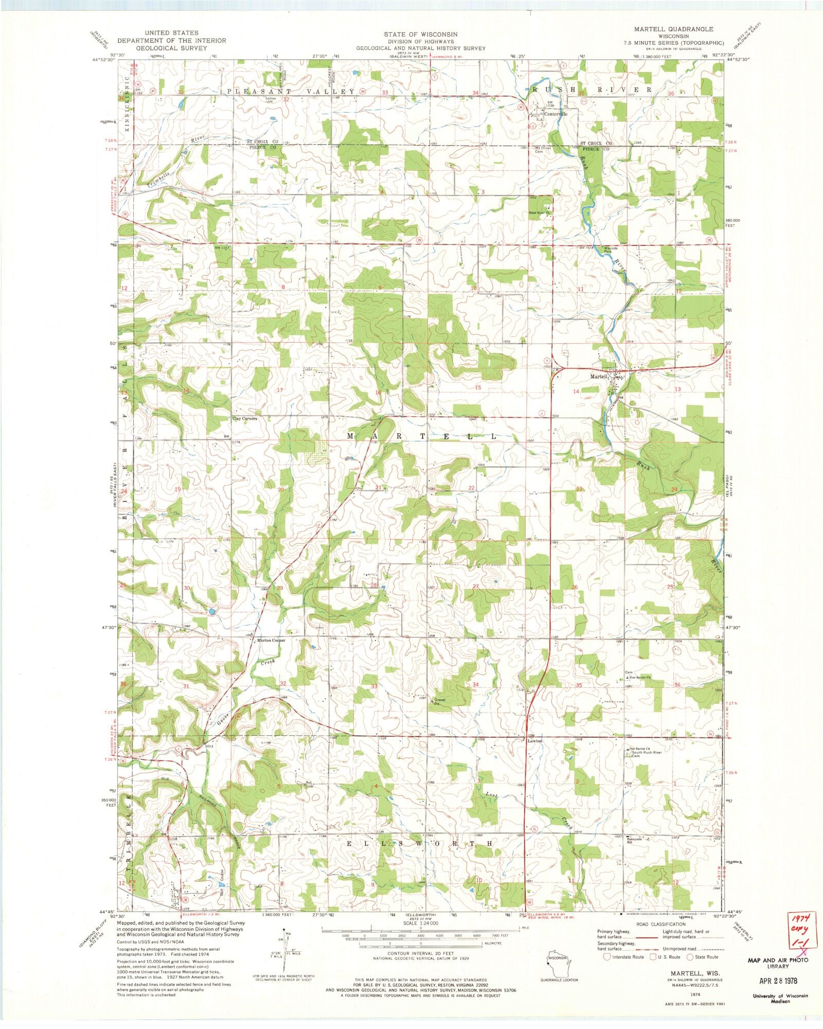 Classic USGS Martell Wisconsin 7.5'x7.5' Topo Map – MyTopo Map Store