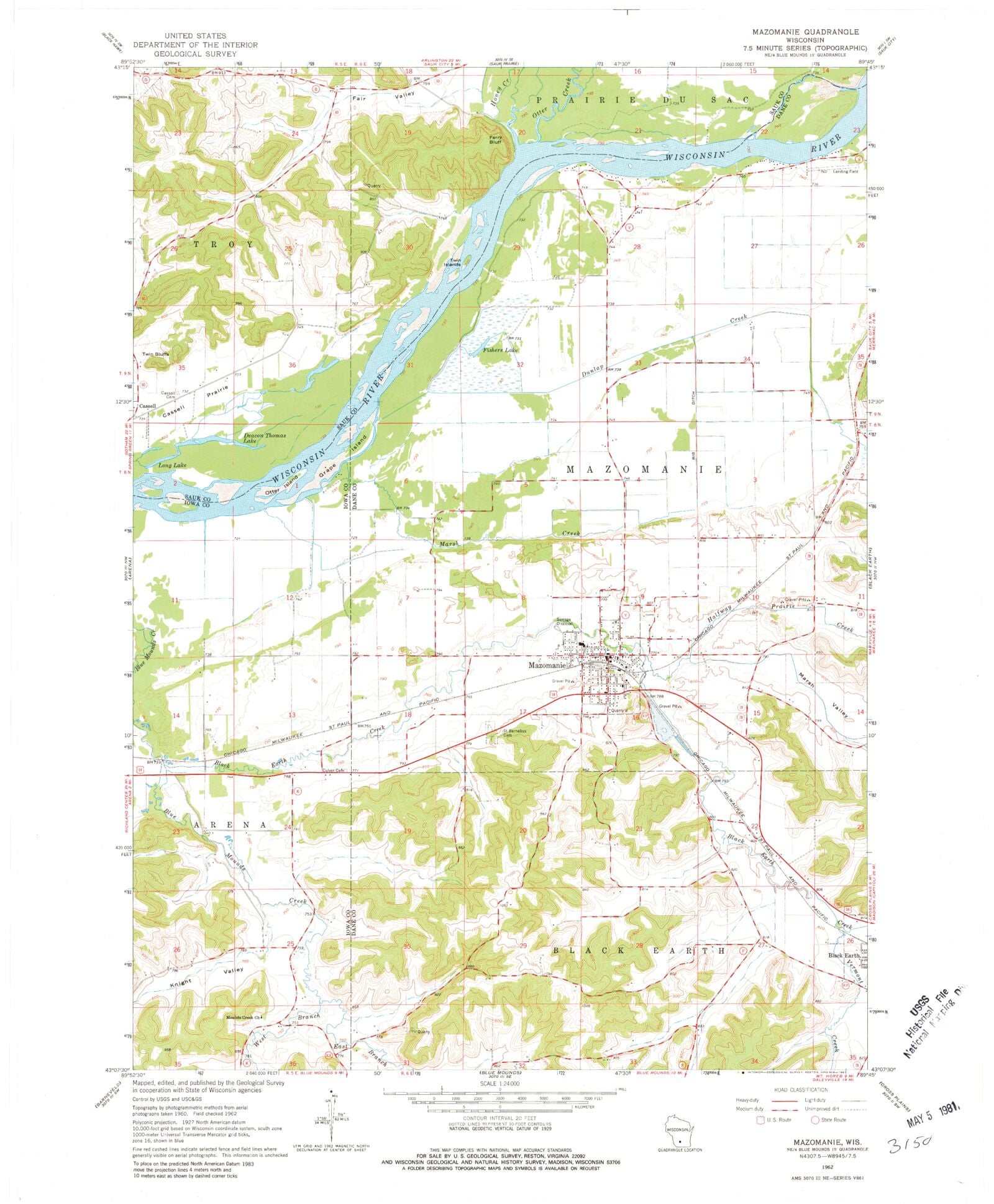Classic USGS Mazomanie Wisconsin 7.5'x7.5' Topo Map – MyTopo Map Store