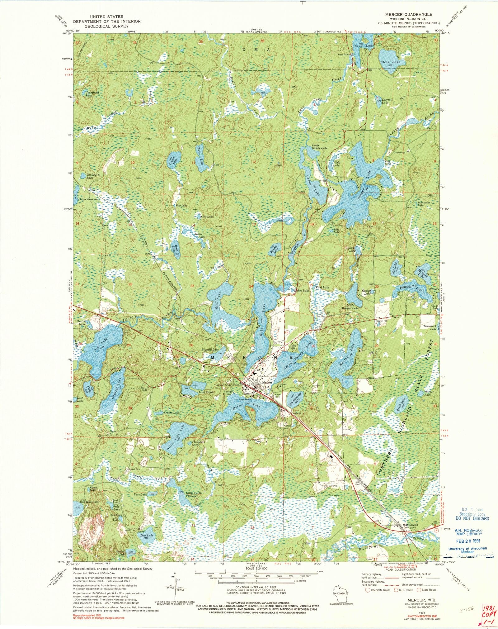 Classic USGS Mercer Wisconsin 7.5'x7.5' Topo Map – MyTopo Map Store