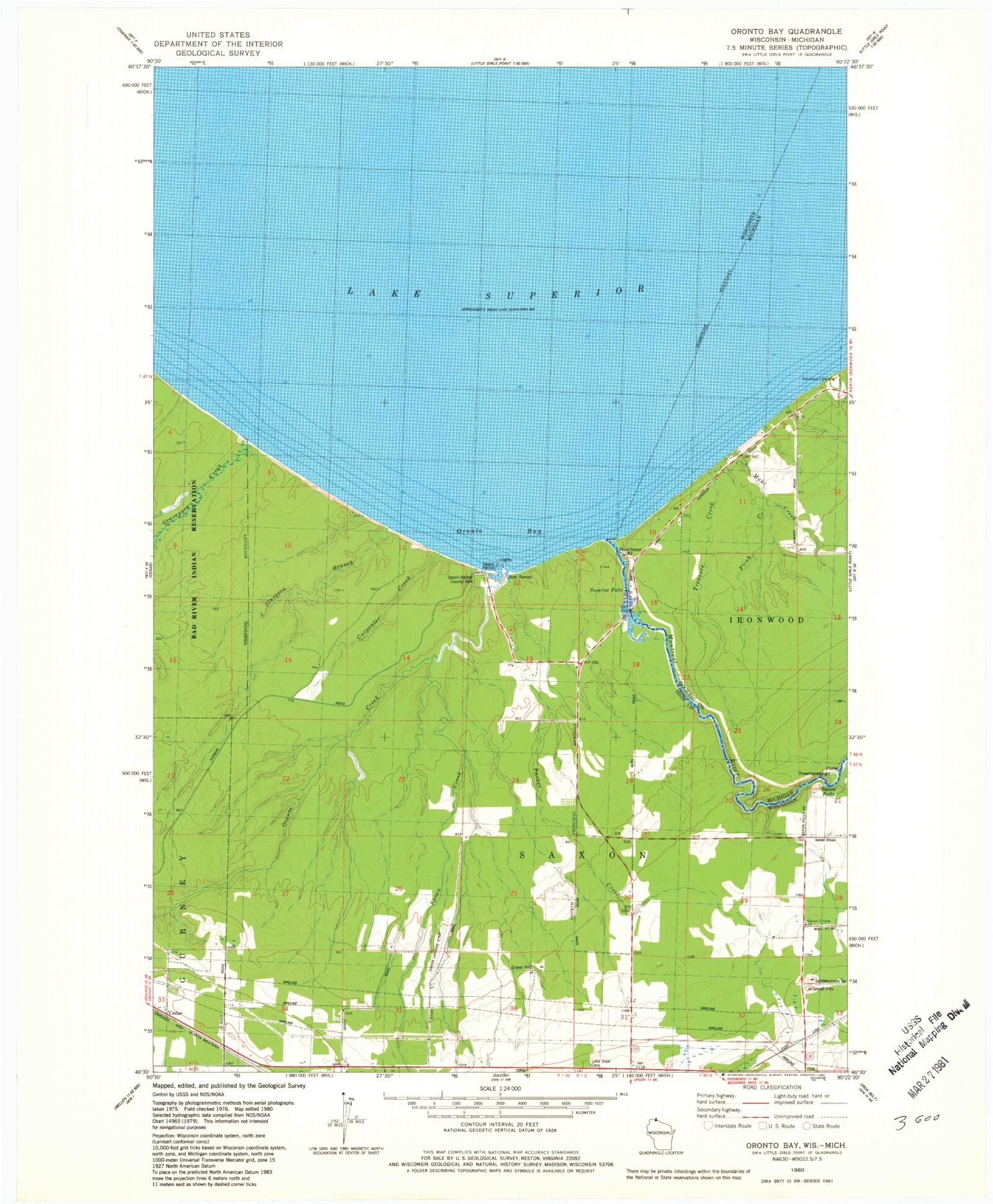 Classic USGS Oronto Bay Wisconsin 7.5'x7.5' Topo Map – MyTopo Map Store