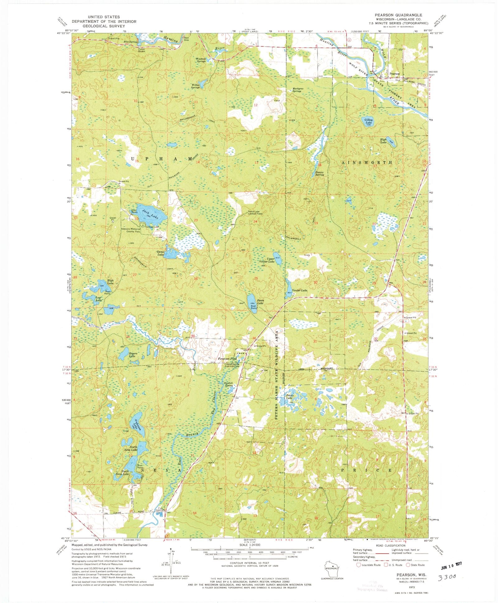 Classic USGS Pearson Wisconsin 7.5'x7.5' Topo Map – MyTopo Map Store