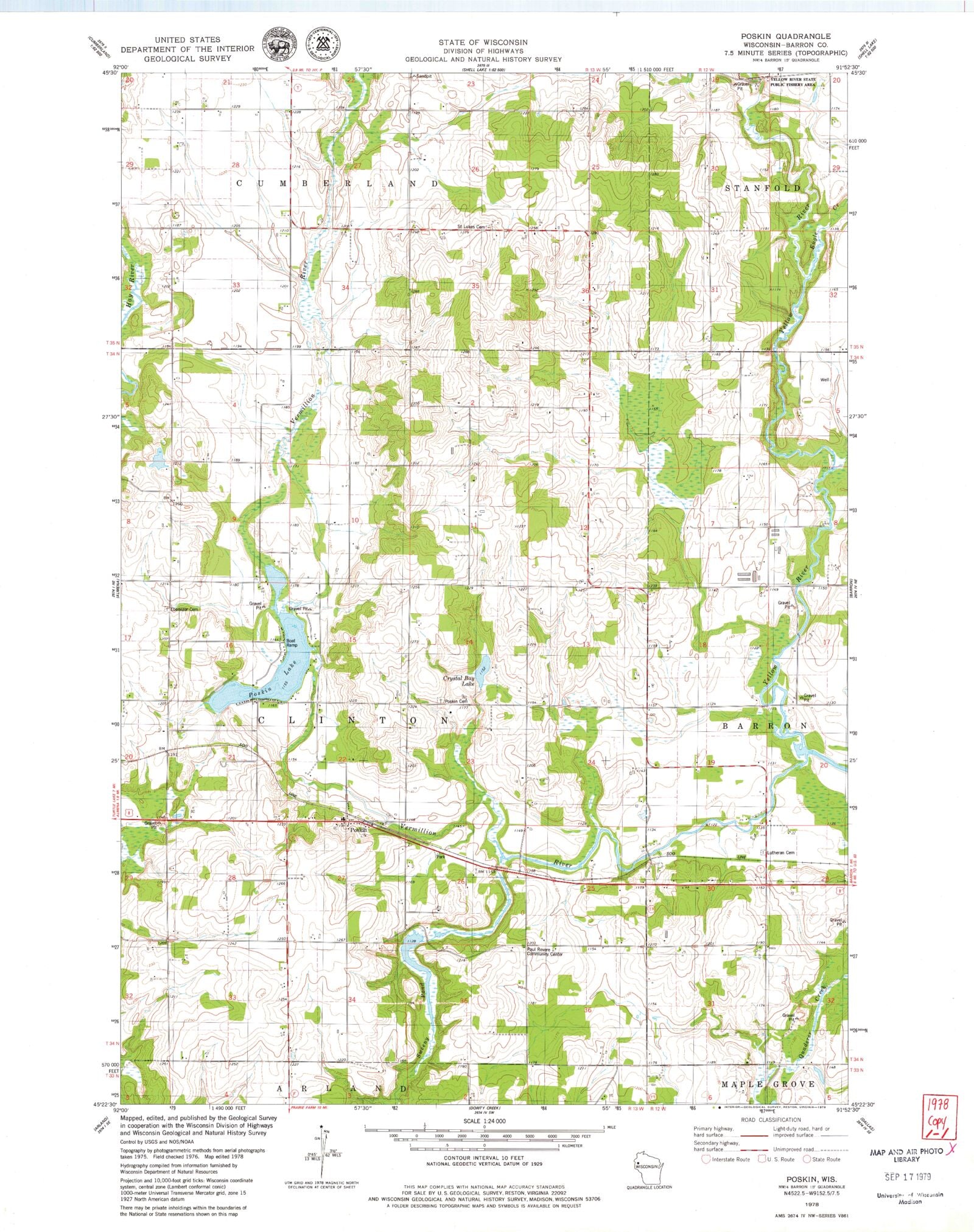 Classic USGS Poskin Wisconsin 7.5'x7.5' Topo Map – MyTopo Map Store