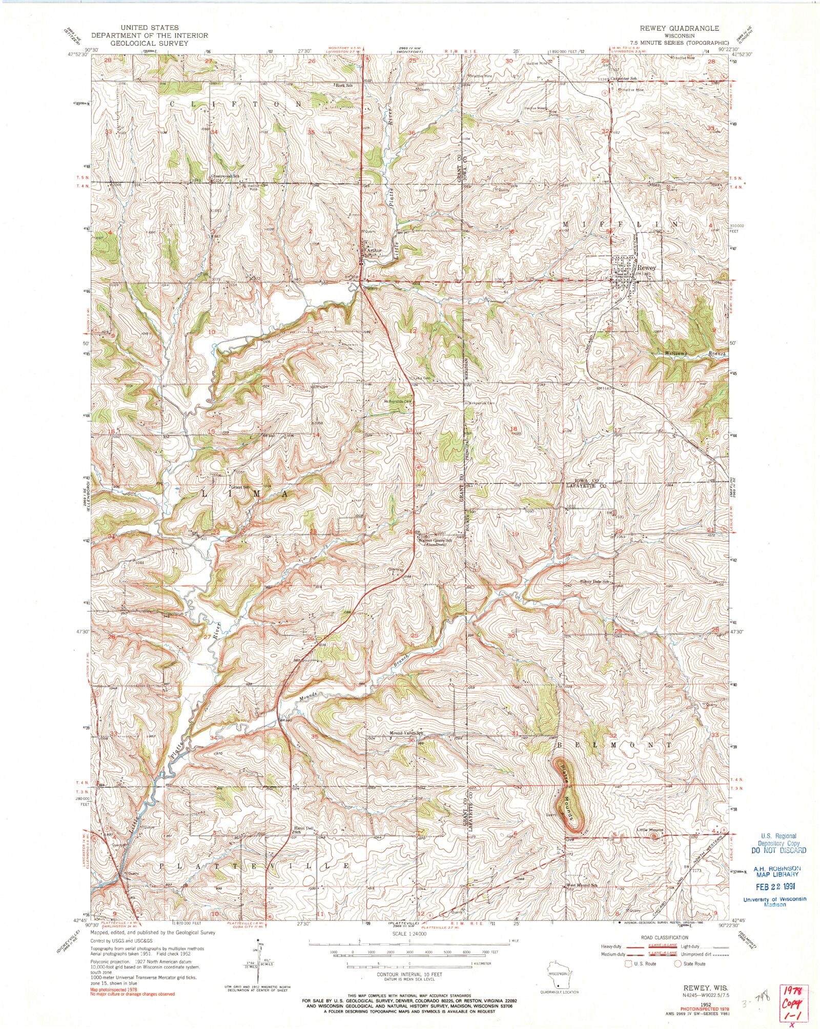 Classic USGS Rewey Wisconsin 7.5'x7.5' Topo Map – MyTopo Map Store