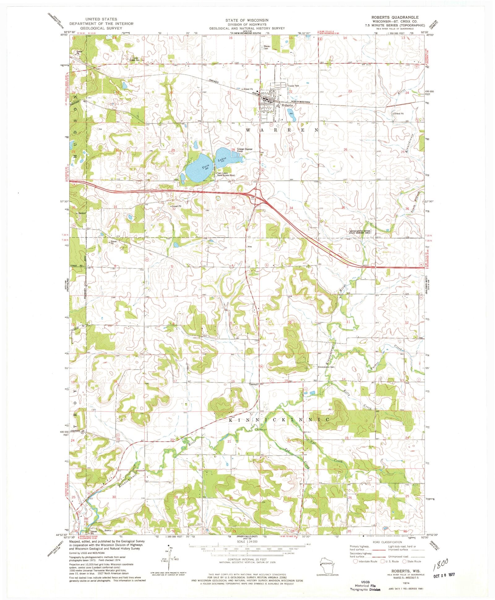 Classic USGS Roberts Wisconsin 7.5'x7.5' Topo Map – MyTopo Map Store