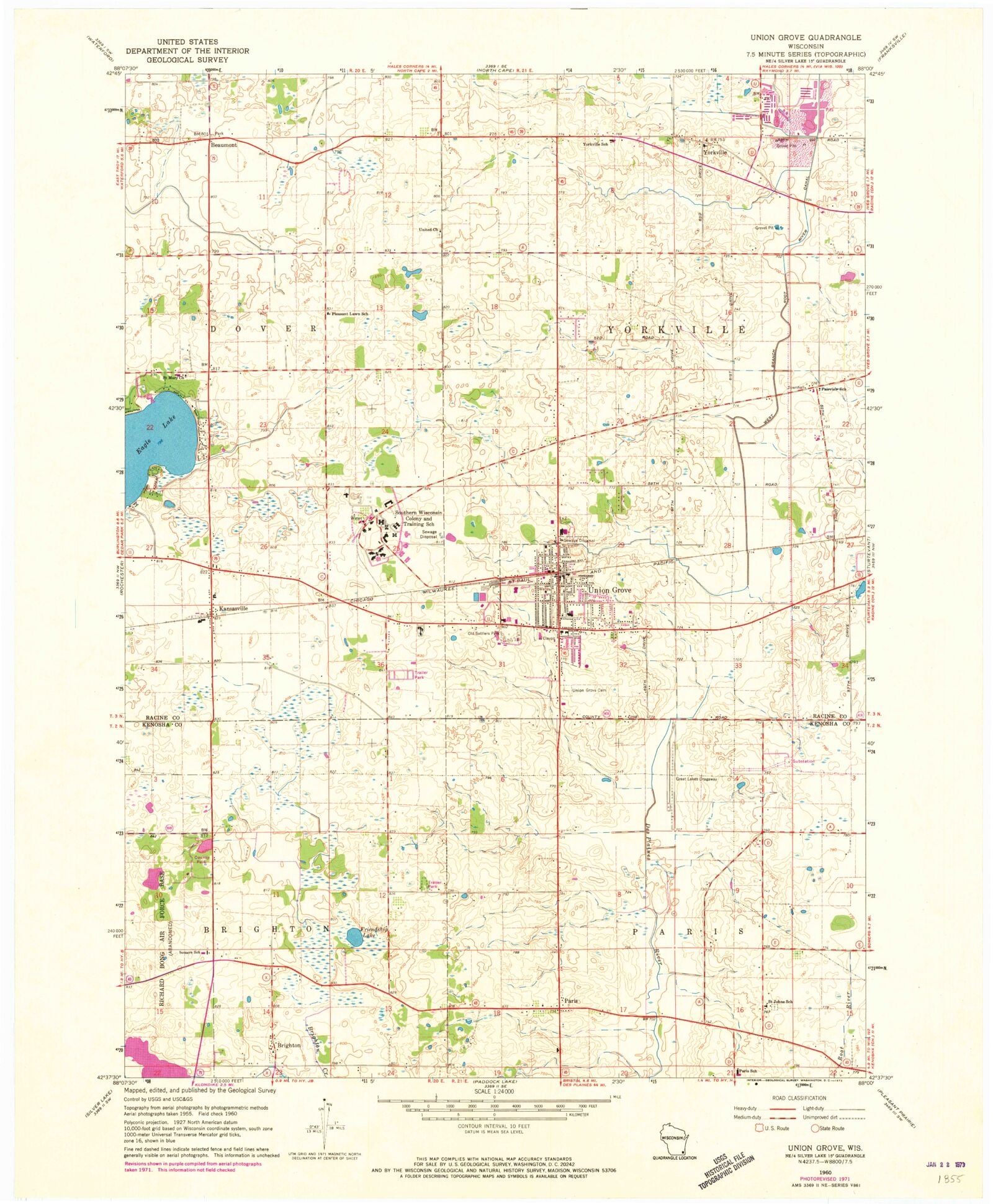 Classic USGS Union Grove Wisconsin 7.5'x7.5' Topo Map – MyTopo Map Store