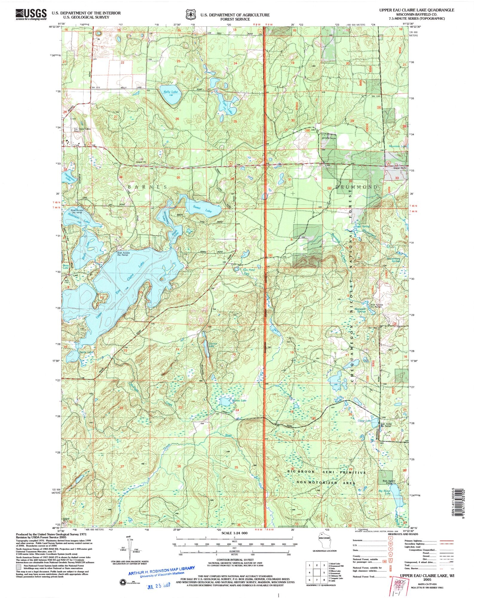 Classic USGS Upper Eau Claire Lake Wisconsin 7.5'x7.5' Topo Map ...
