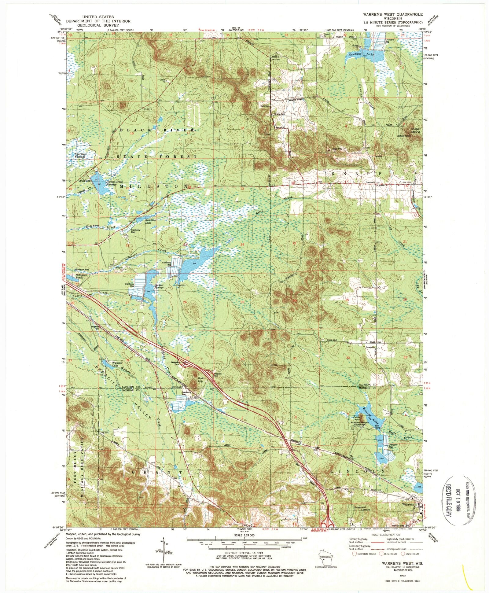 Classic USGS Warrens West Wisconsin 7.5'x7.5' Topo Map – MyTopo Map Store
