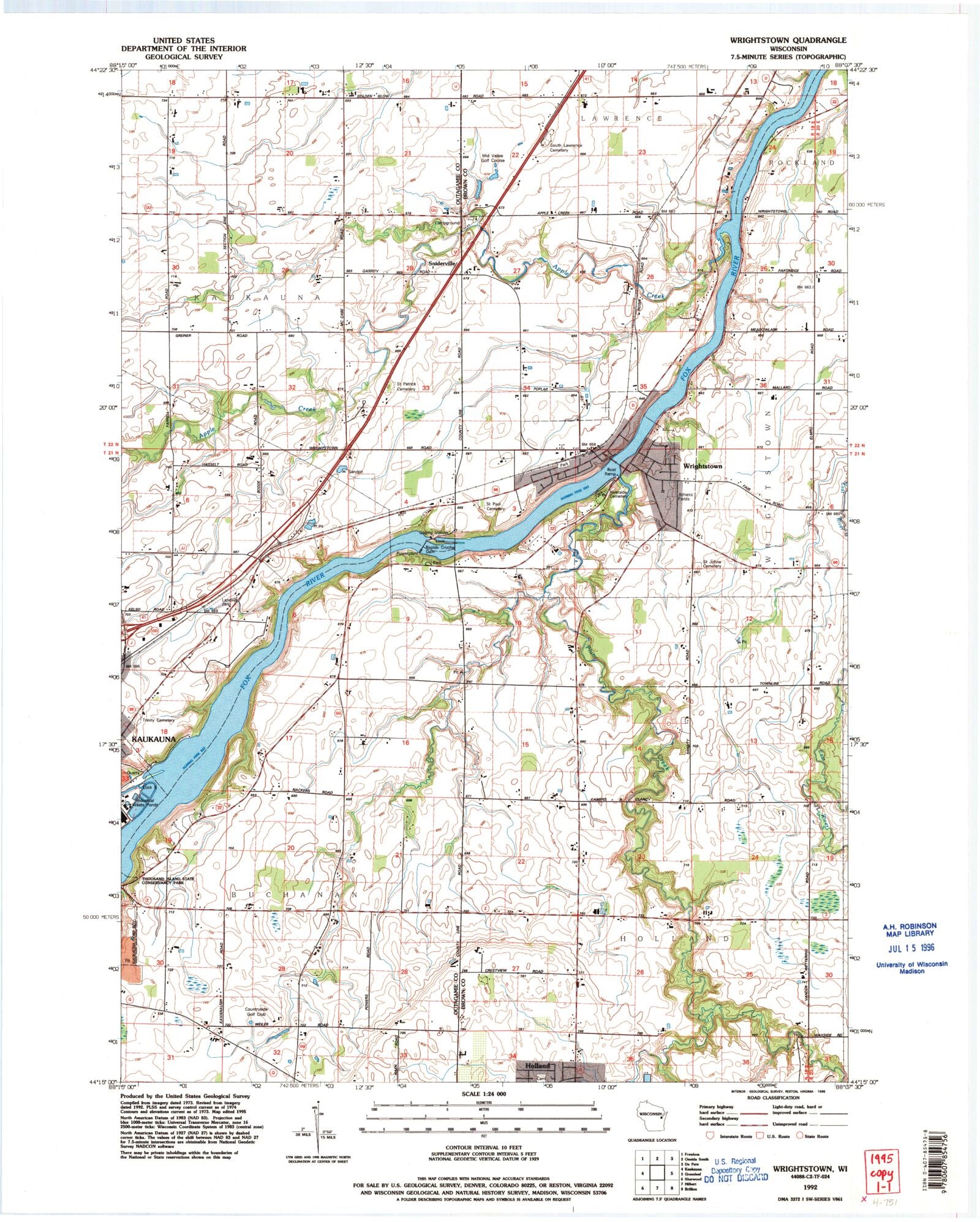 Classic USGS Wrightstown Wisconsin 7.5'x7.5' Topo Map – MyTopo Map Store